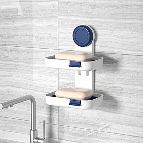 MOVNO Double Layer Soap Dish Soap Holder for Shower Wall, Sponge and Bar Soap Holder Saver for Bathroom Gadgets, Soap Container with Draining Tray Soap Case for Bathroom and Kitchen(Blue)