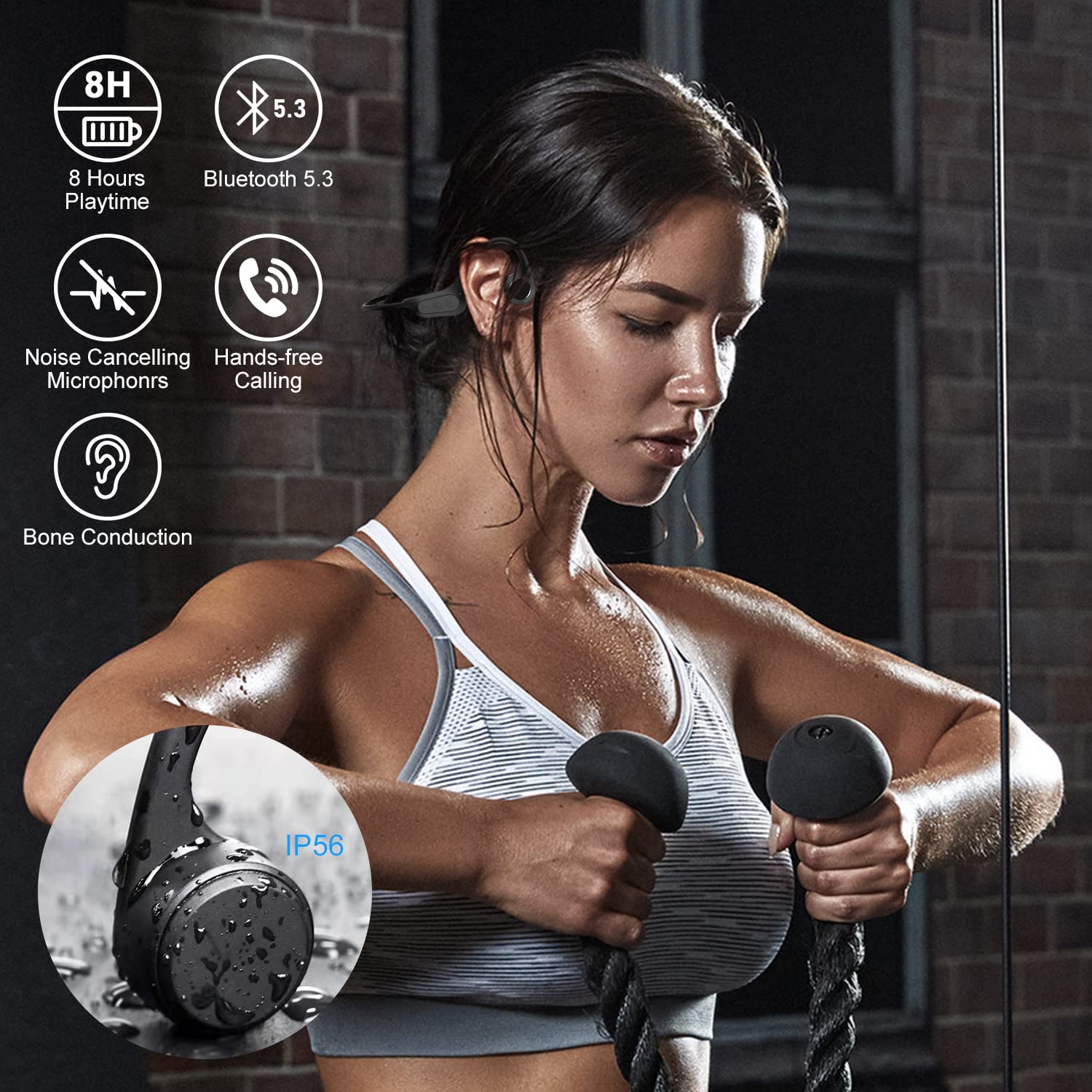 KOLORFARM Wireless Bone Conduction Headphones with Mic, Open Ear Headphones Bluetooth 5.3 Sports Headset with Up to 8 Hours Playtime, IP56 Sweatproof Certified for Running Hiking Driving Workouts