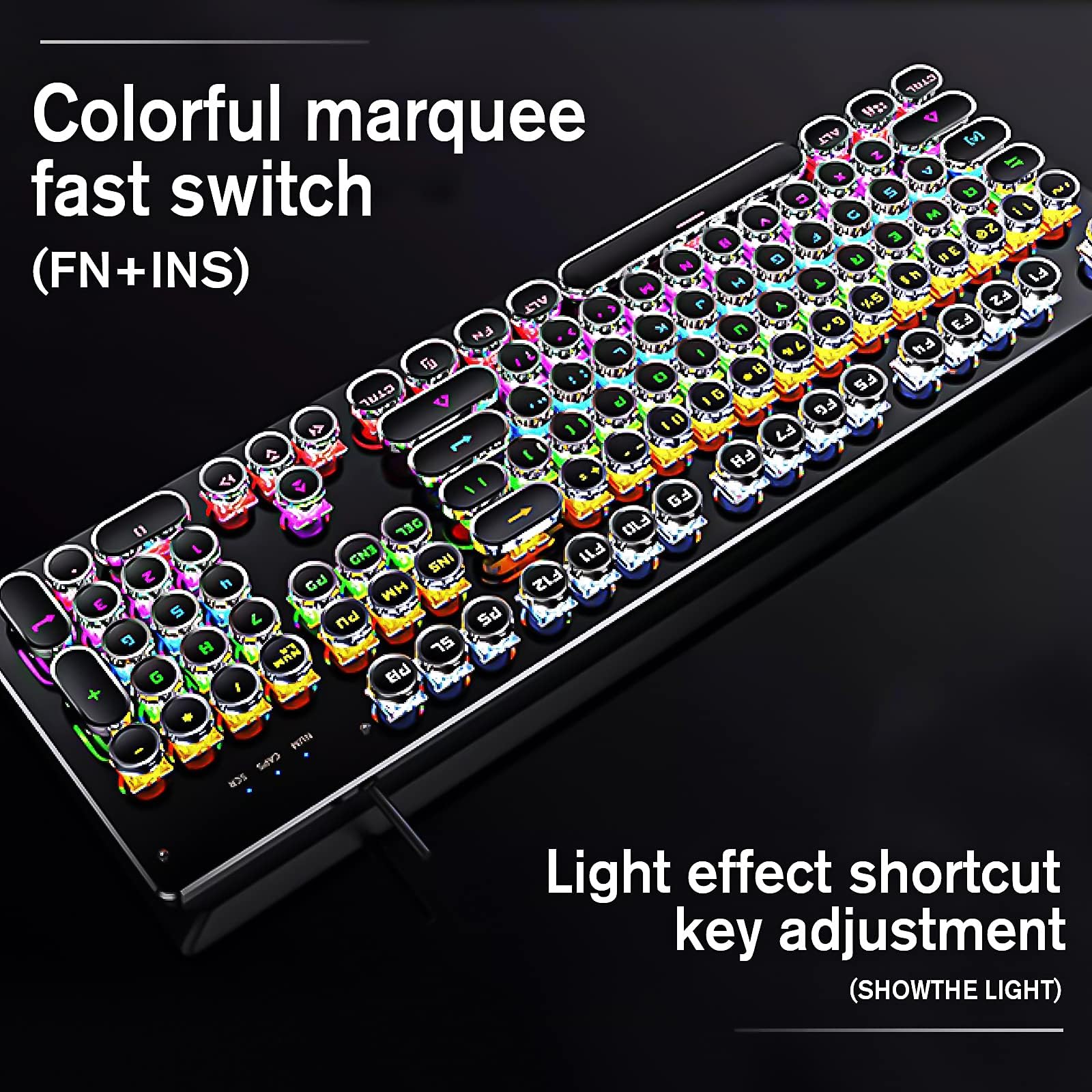 Basaltech Keyboard Wired, Typewriter Style Mechanical Keyboard with LED Backlight, Steampunk Keyboard with 104-Keys Round Keycaps, Black Switch Wired Keyboard for Computer or Mac