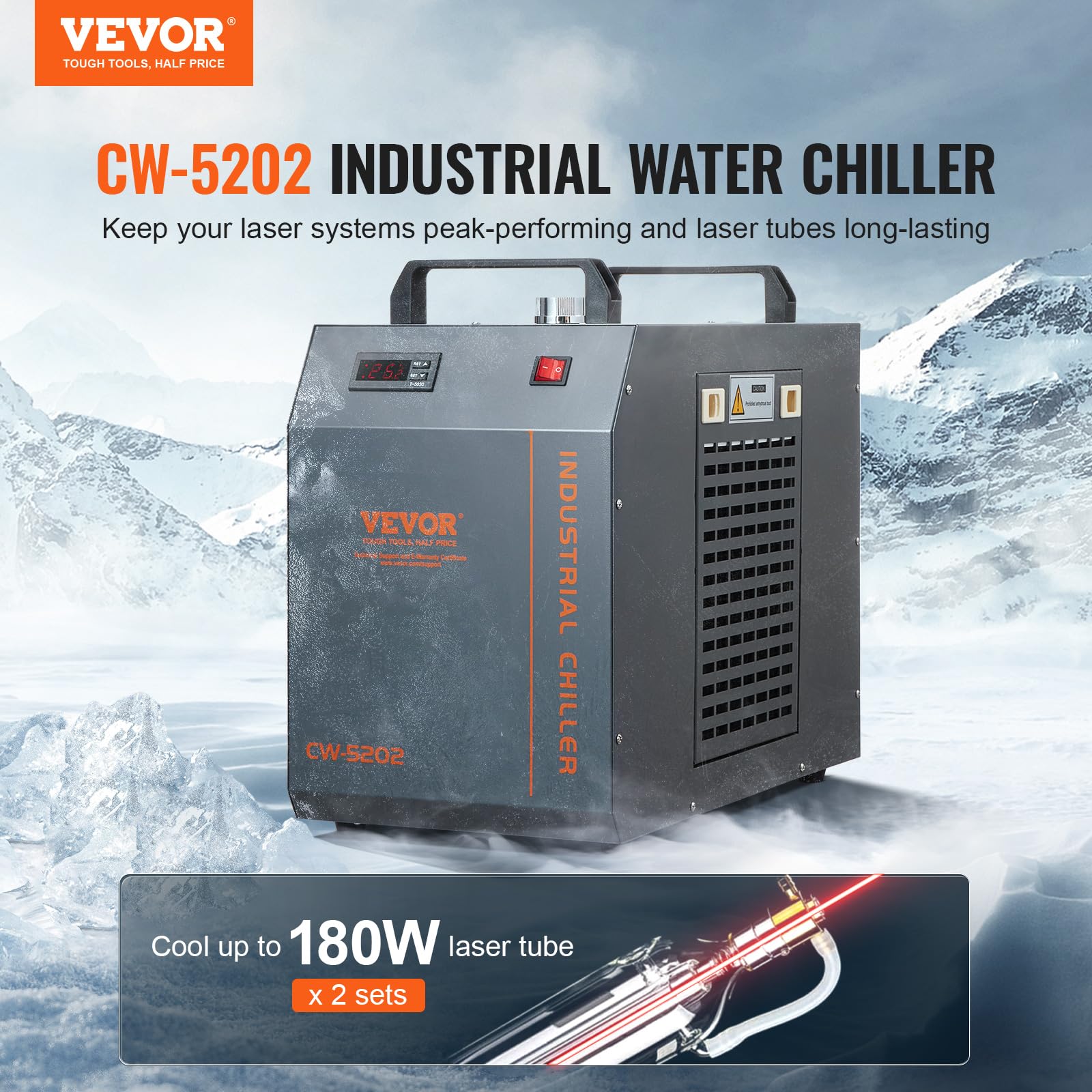 CW-5202 Industrial Water Chiller, 2.28HP 4.75gpm Cooling System with Built-in Compressor 7L Water Tank Capacity, for 40w-180w CO2 Laser Engraving & Cutting Machines