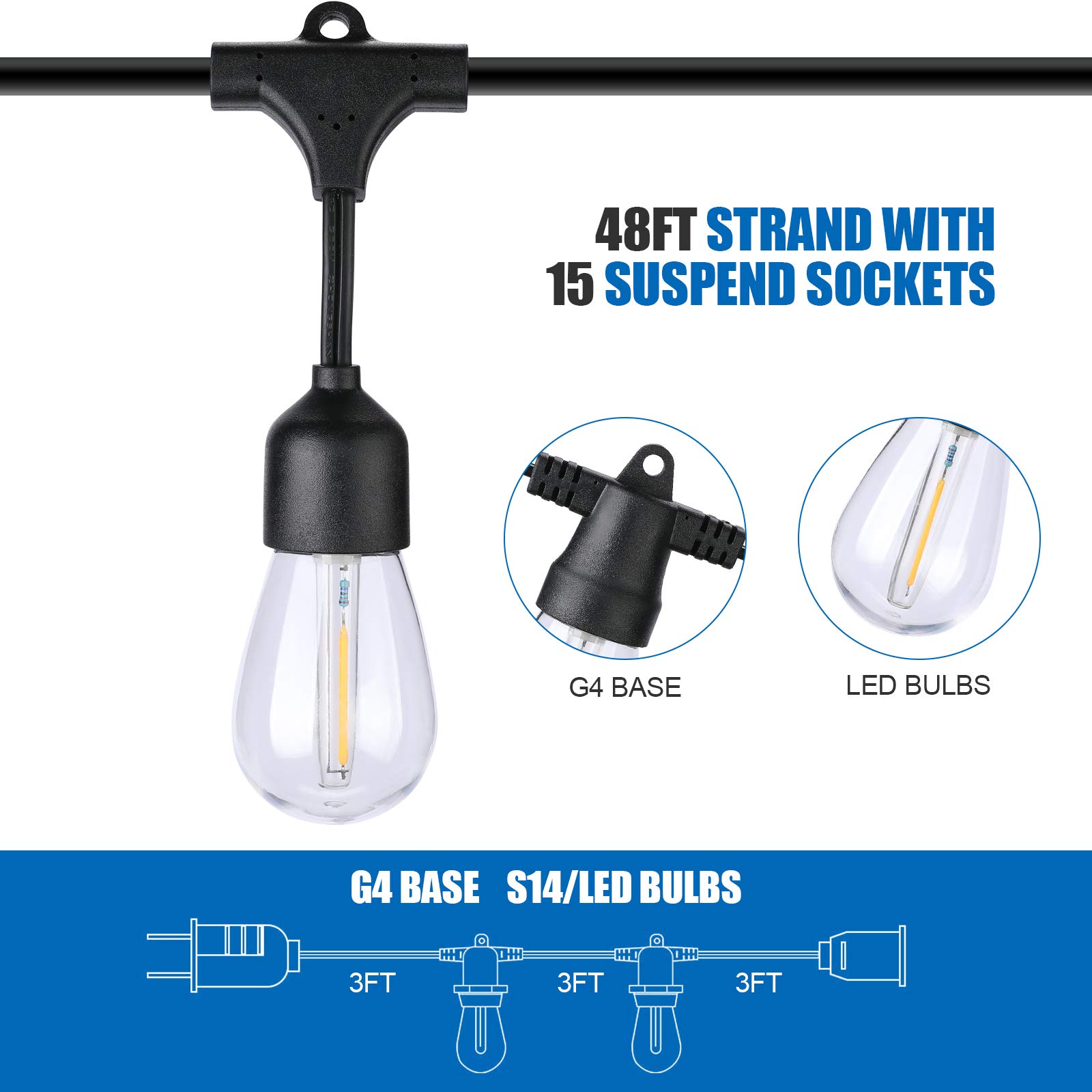 JOYSTA Outdoor String Lights - Waterproof Patio Light String 48FT with 15 Hanging Sockets IP65 Weatherproof Yard Lights 1w S14 Bulbs Lighting for Party Bistro Backyard Garden Cafe