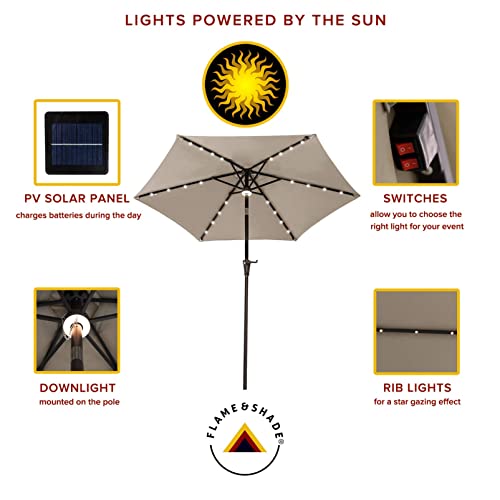 FLAME&SHADE 7.5 ft Solar Powered Outdoor Market Patio Table Umbrella with LED Lights and Tilt, Taupe