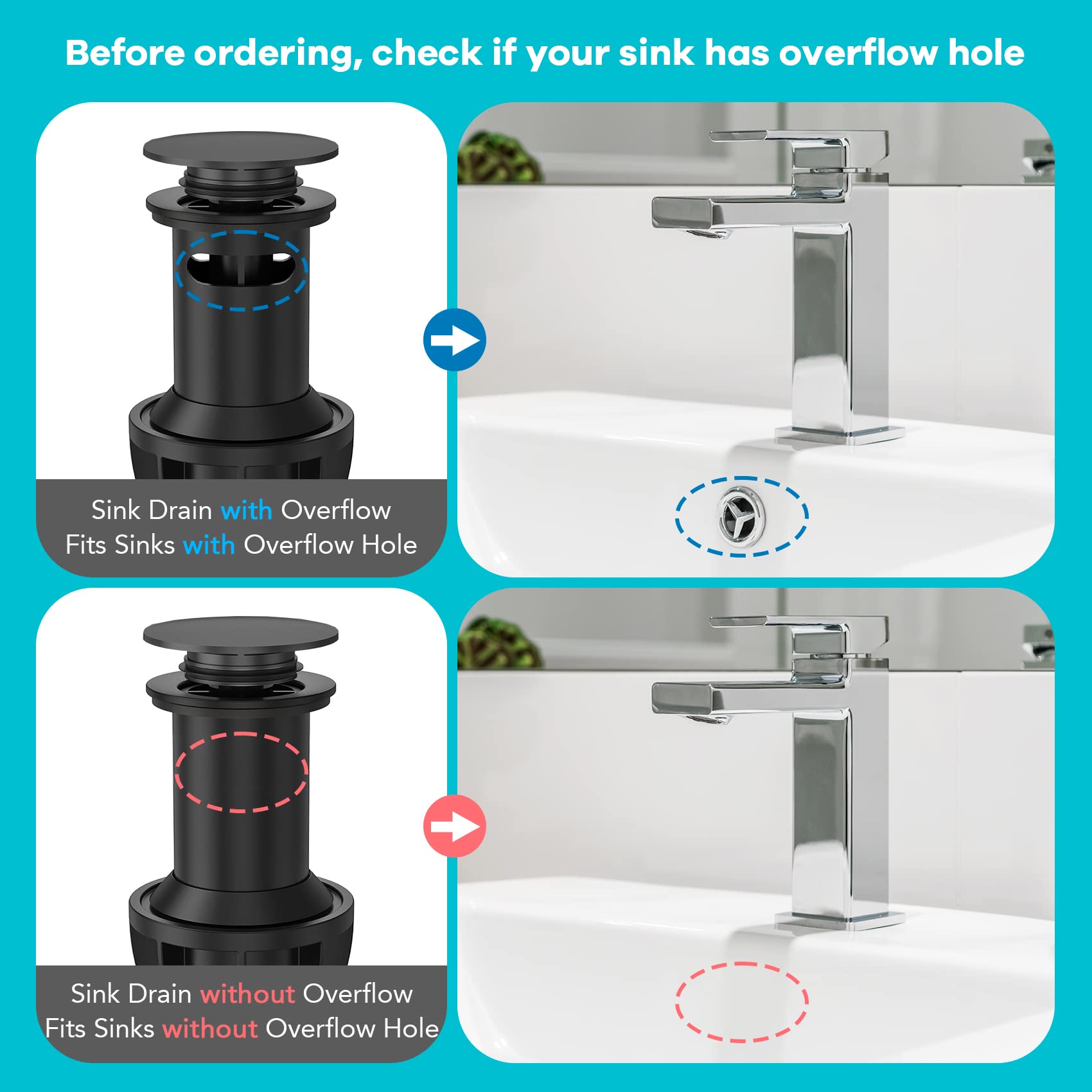 Bathroom Sink Drain with Overflow and Strainer, Bathroom Sink Stopper, Pop up Drain Stopper for Bathroom Sink, Black Sink Drain, Pop up Sink Drain Stopper (Black with Overflow)