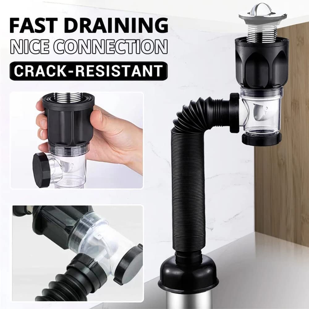 Bathroom Sink Drain Kit with Flexible Expandable P-Trap Sink Drain Pipe Tube Anti-Odor Bathroom Sink Drain Pipe for 1-1/4",1-1/2" and 2'' Drain Hole