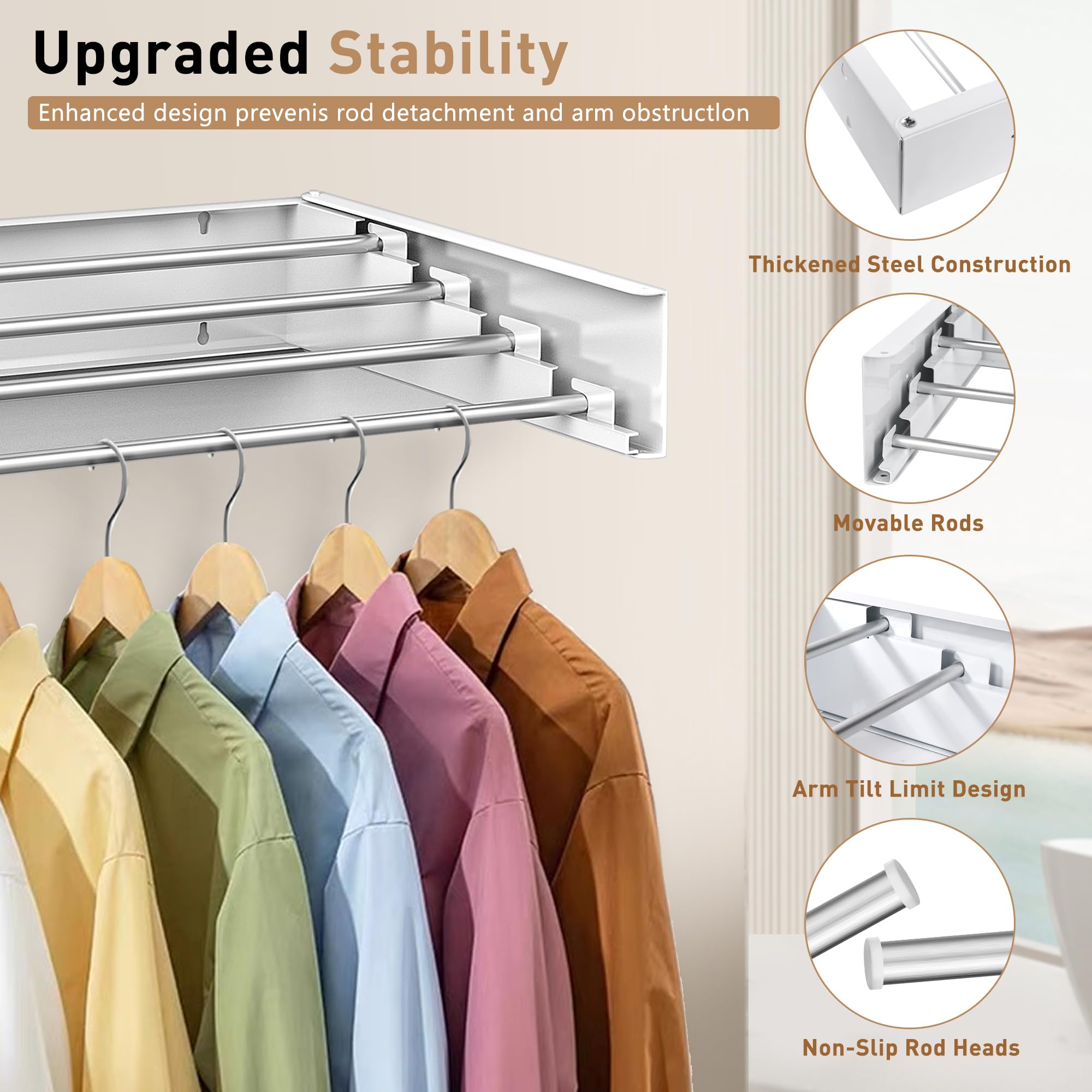 CRJKIJ Wall Mounted Laundry Drying Rack for Clothes - Foldable Conceal Drying Rack,4 Stainless Rods Heaving 48 lb Capacity (White, 23.6")