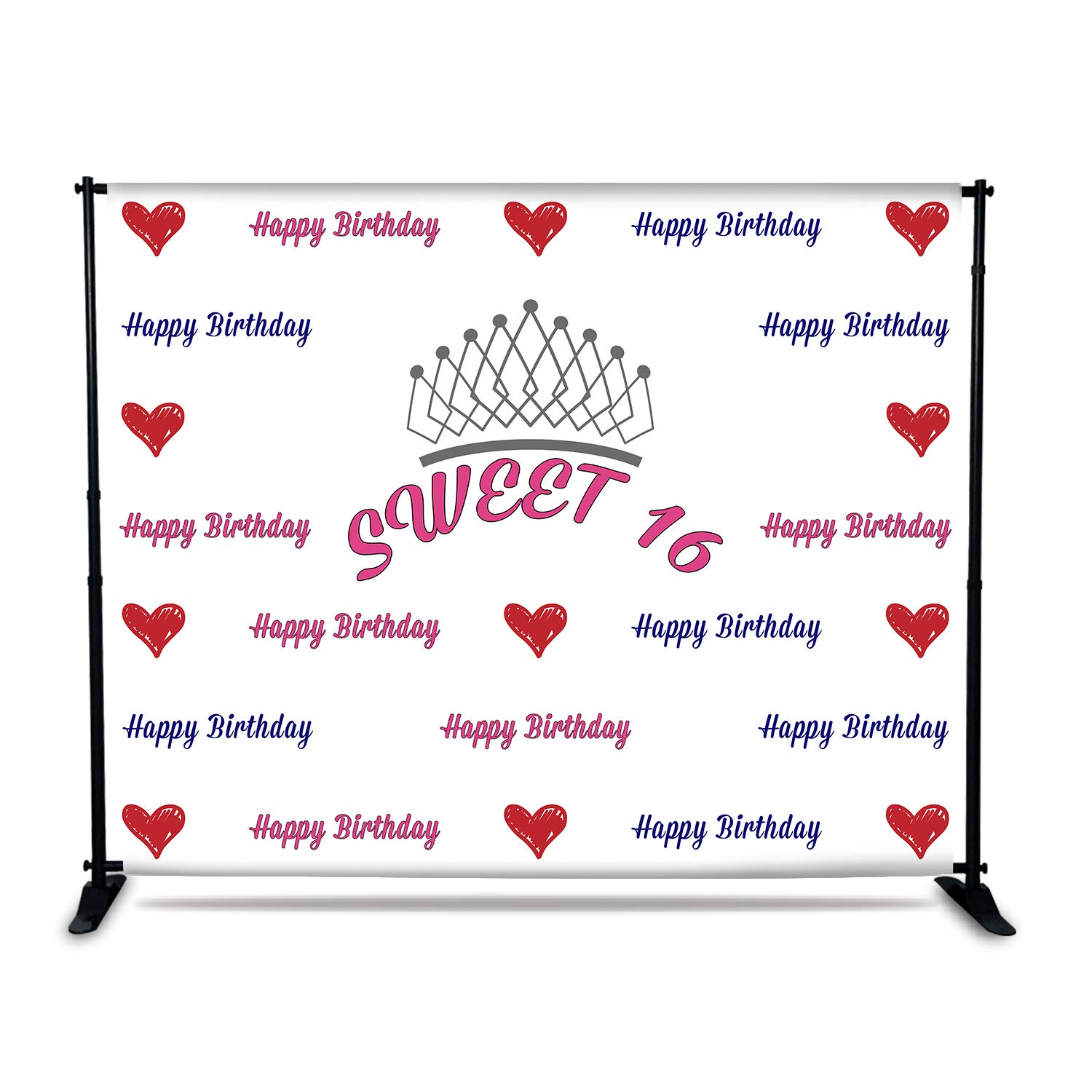 Happy Birthday Sweet 16 Red Heart Theme Custom Photography Background Backdrop Party Decoration Step and Repeat Banner for Kids, Adults - Print with Hardware (8' x 8')