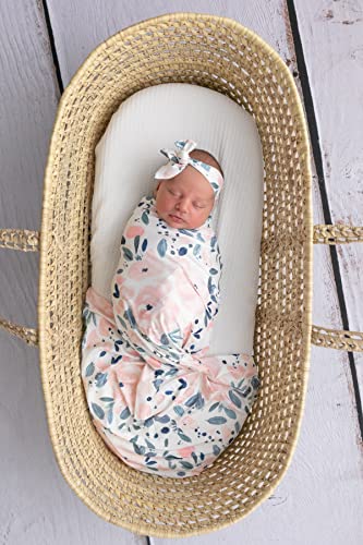 Vollmic Newborn Baby Girl Receiving Blanket Swaddle Blanket Stretchy Knit Swaddle Set with Matching Headband (Ink Pink)