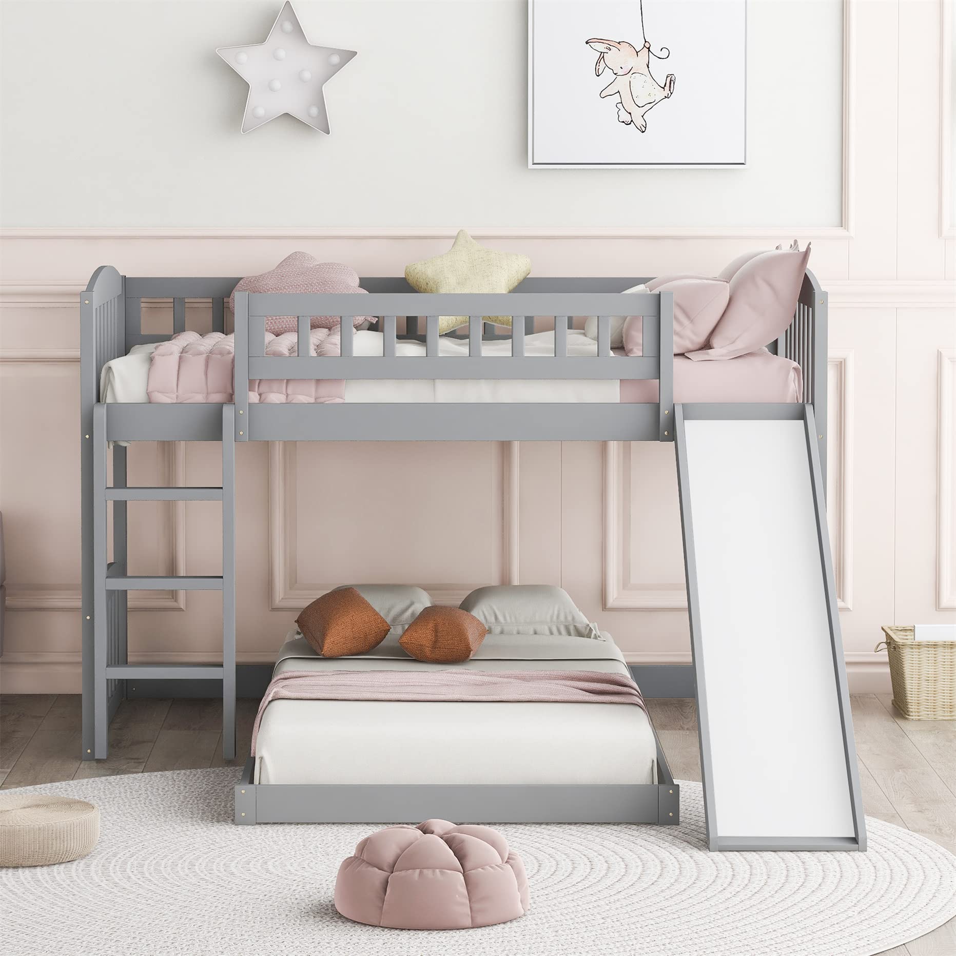 Harper & Bright Designs Low Bunk Bed Twin Over Twin, Wood Floor Bunk Bed with Slide and Ladder, L-Shape Bunk Bed for Kids Toddlers Teens Boys & Girls (Gray)
