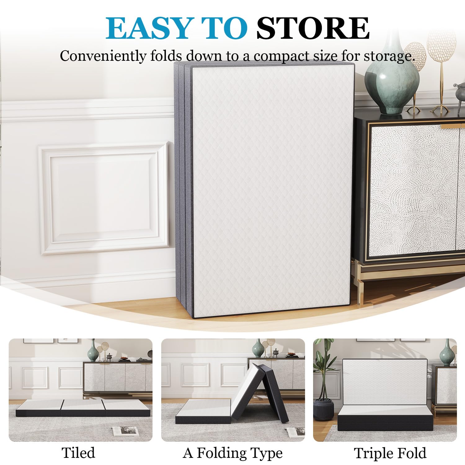 wOod-it Folding Mattress, 4 inch Tri-Fold Memory Foam Mattress Topper for Camping, Foldable Guest Bed, Portable Travel Mat with Washable Cover, 80"×38"×4", White