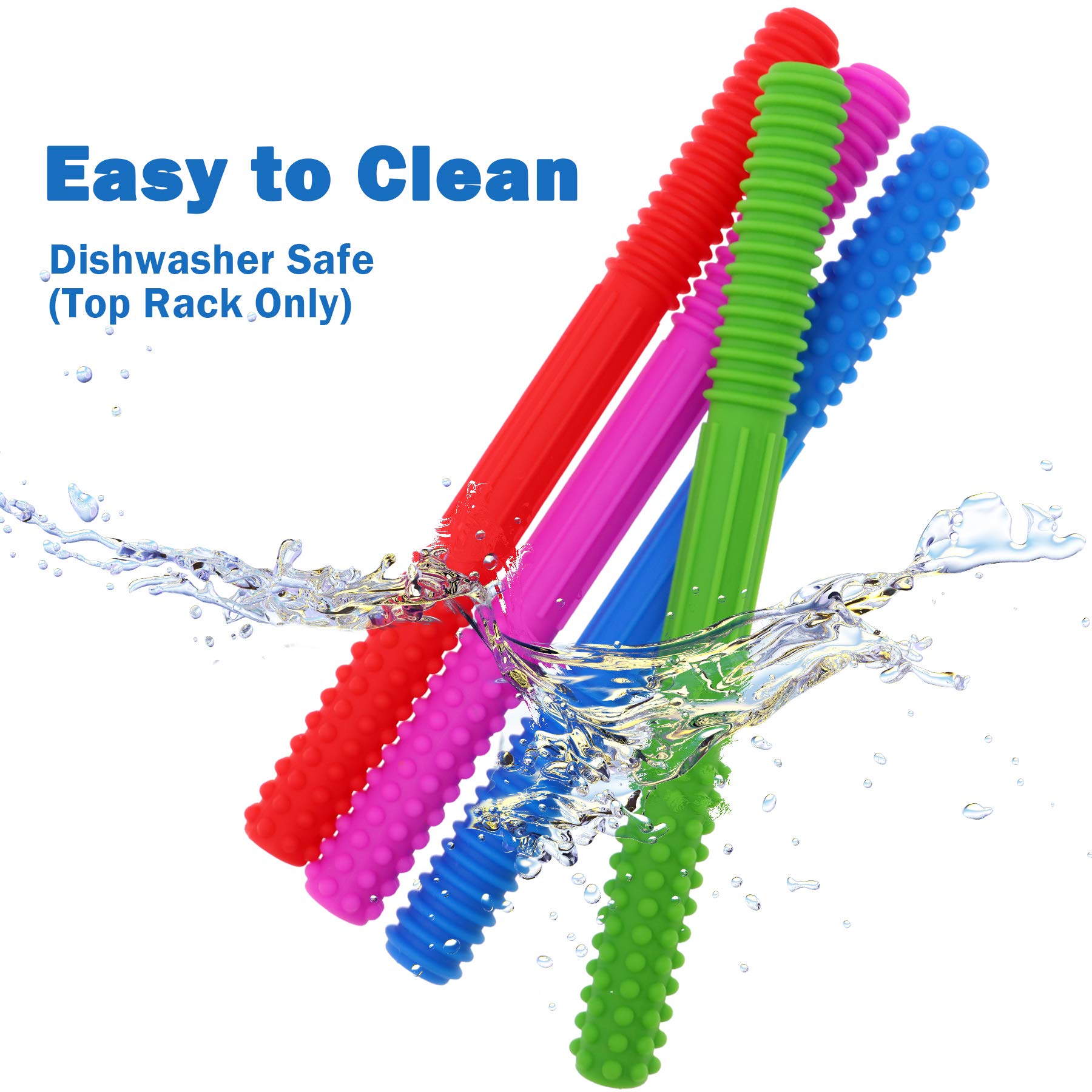 Munchewy Sensory Teething Tubes(4 Pack), Soft Silicone Hollow Teether Chew Toy for Babies, Toddlers, Kids, Boys, Girls with Autism, ADHD, SPD, Biting, Teething, Sensory Needs(Blue,Green,Purple,Red)