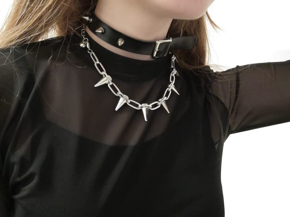 BGTY Rivets Chokers Punk Goth Handmade CCB Material Choker Necklace Spike Rivet Rock Gothic Jewelry (Silver)