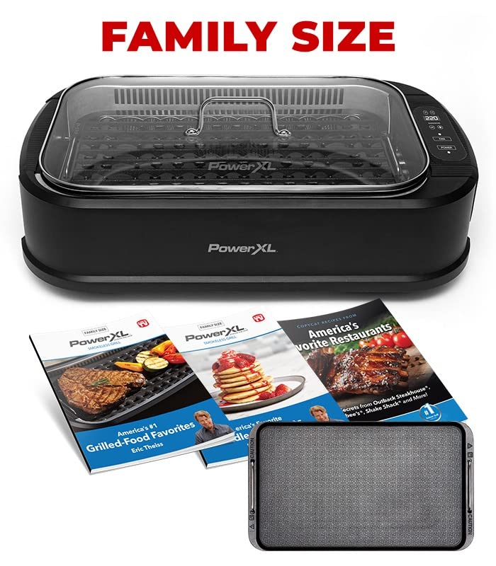 PowerXL Smokeless Grill Family Size- with Tempered Glass Lid with Interchangeable Grill and Griddle Plate and Turbo Speed Smoke Extractor Technology 22.1β X13.2β X 6.1