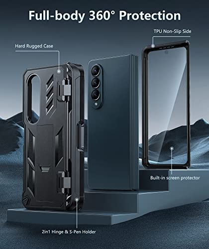 FNTCASE for Samsung Galaxy Z-Fold-4 Case: Military Grade Hinge Protection S-Pen Holder & Kickstand Rugged Shockproof 360 Full Protective Phone Cover for ZFold 4 2022 (Black)