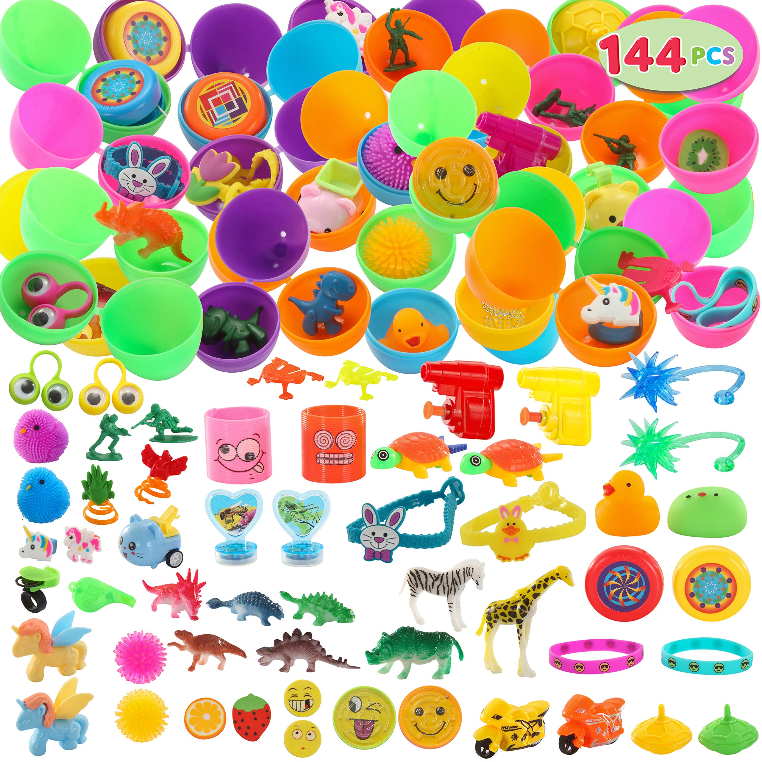 JOYIN 144 Pcs Prefilled Easter Eggs with Toys Plus Stickers Inside, Stuffed Toys for Easter Eggs Hunt, Basket Stuffers/Fillers, Party Favor, Classroom Prize Supplies