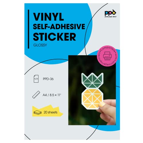 PPD 20 Sheets Inkjet Creative Media Waterproof Glossy Self Adhesive PVC Vinyl Sticker Paper 8.5x11 True Photographic Quality 4.1mil Thin Full Sheet Instant Dry Scratch and Tear Resistant (PPD-36-20)