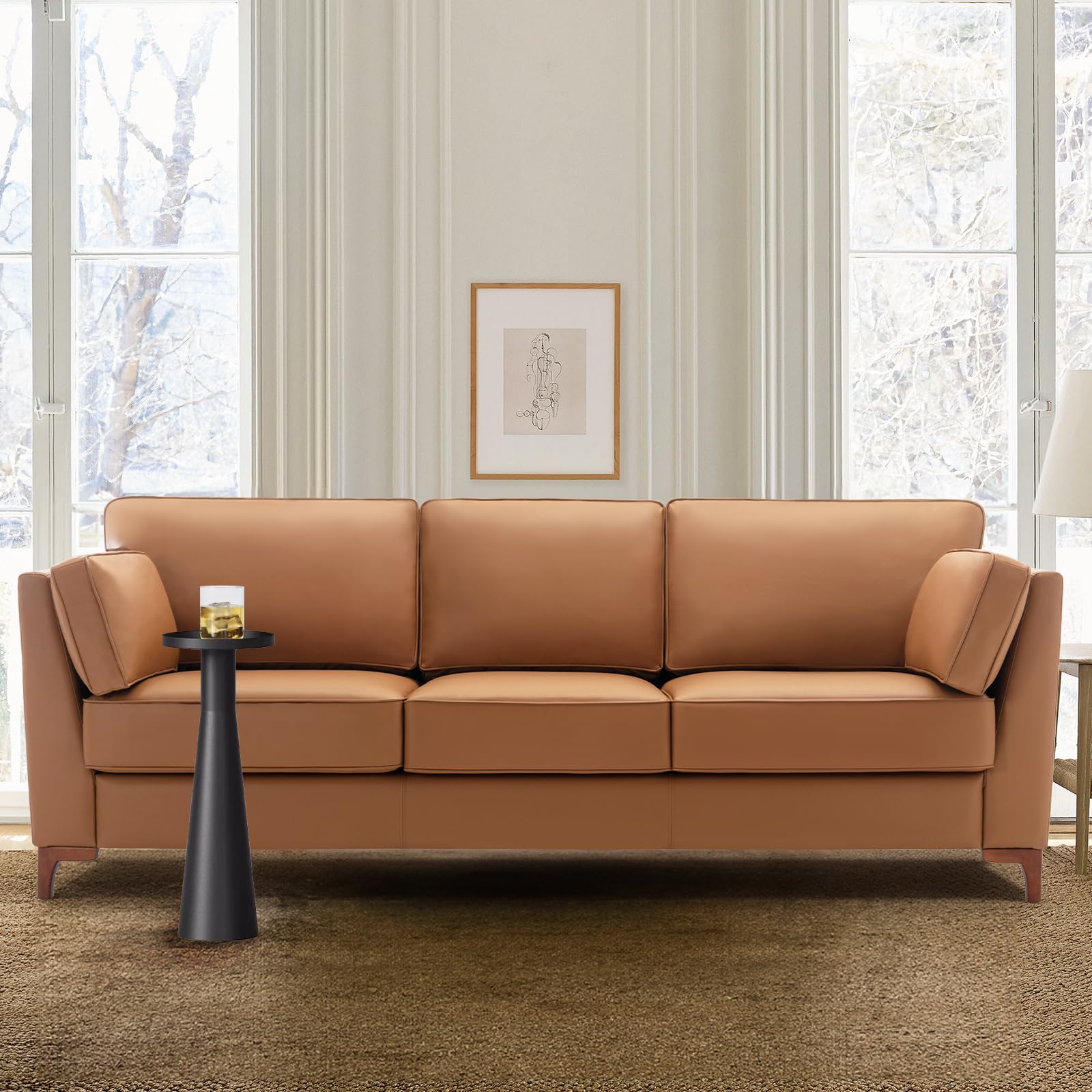 COLAMY 93" Mid-Century Modern Faux Leather Sofa,Oversized 3-Seater Couch with Comfy Cushions and Wood Legs for Living Room, Bedroom, Office, Apartment, Brown