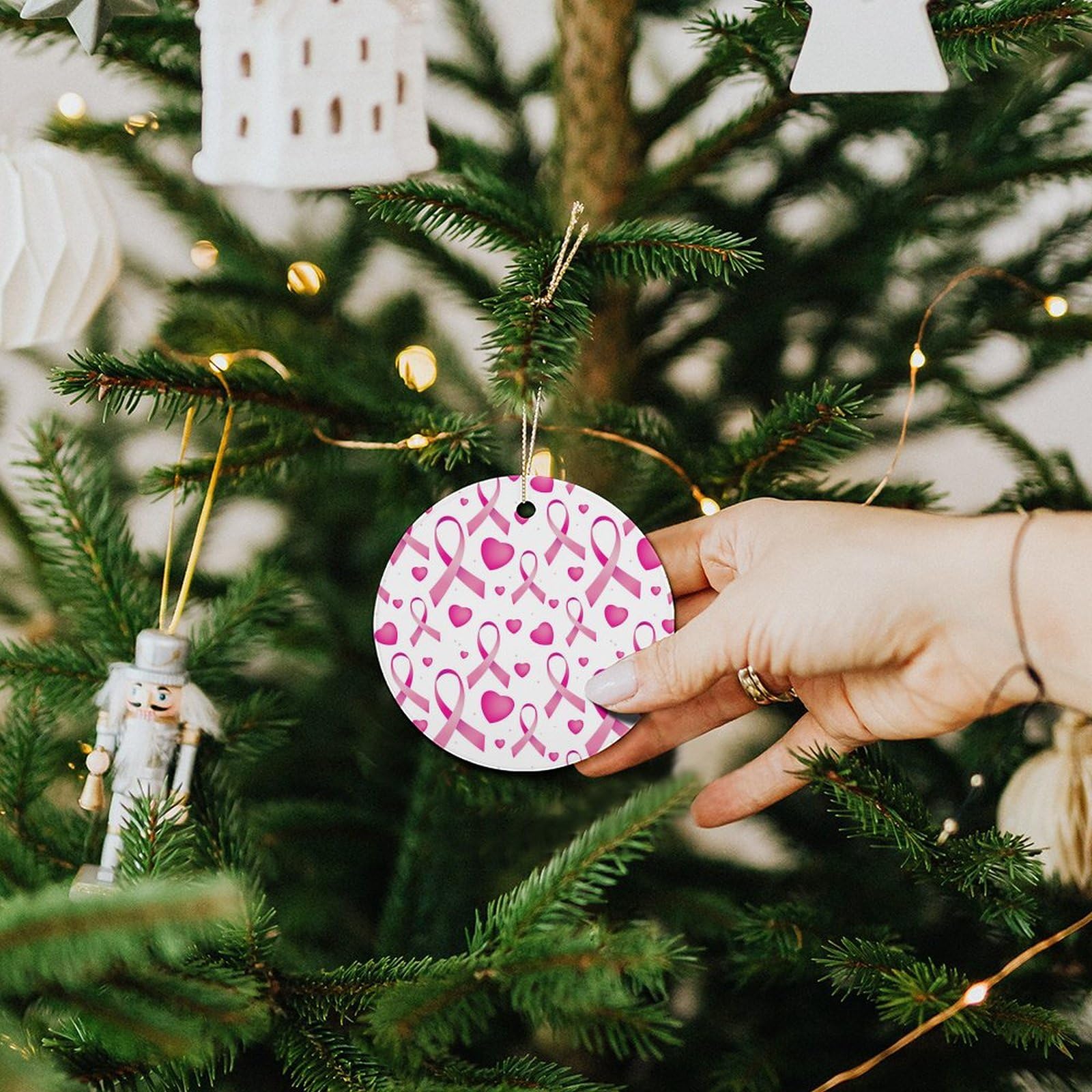 Breast Cancer Pink Ribbon Christmas Decorations Round Ceramic Hanging Ornament Xmas Decor for Christmas Tree Party