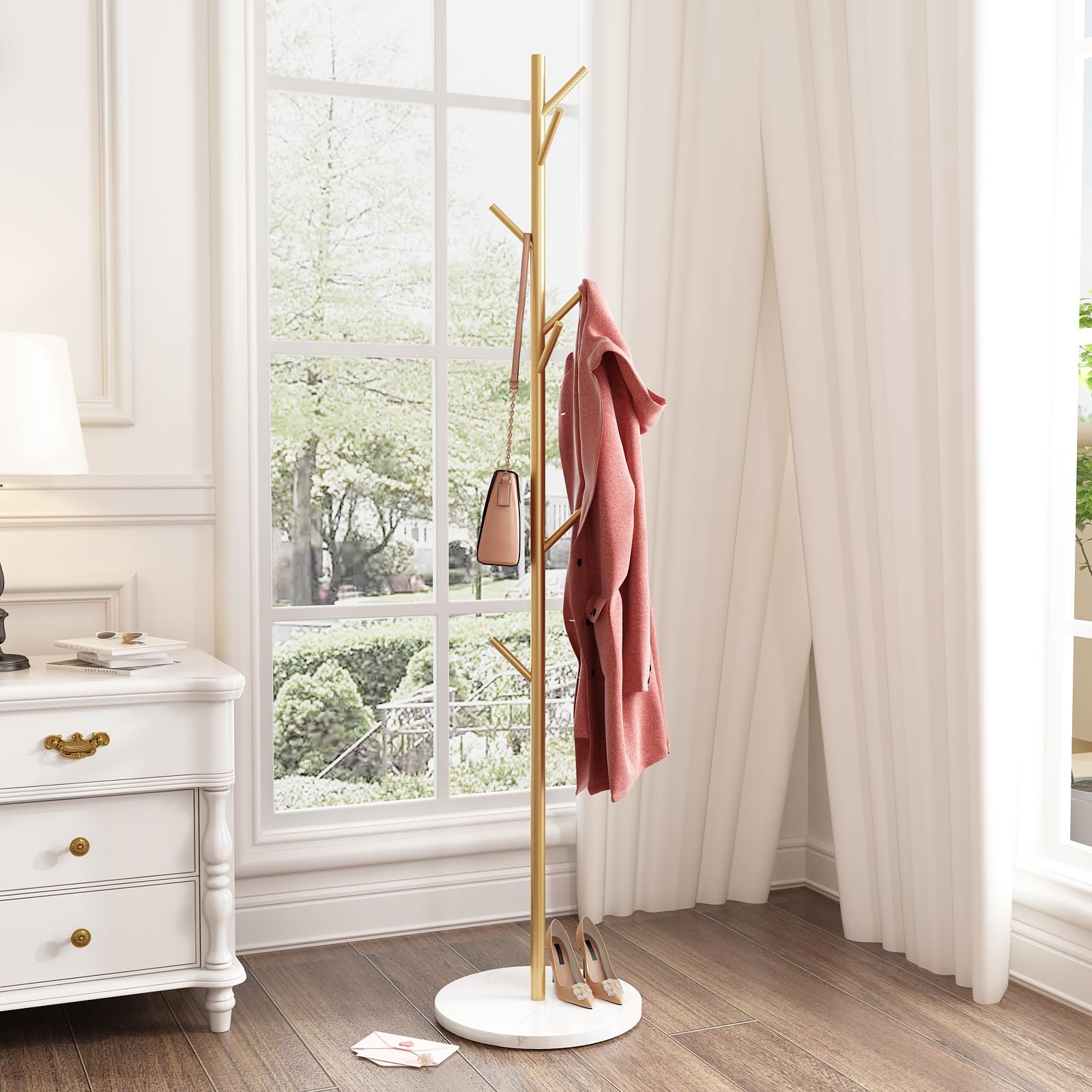 DR.IRON Metal Coat Rack Freestanding, Gold Coat Rack Stand with 8 Hooks, Sturdy Coat Racks with Marble Base, Coat Tree for Entryway, Hallway, Bedroom, Coat Hanger for Coats, Hats, Bags, Scarves