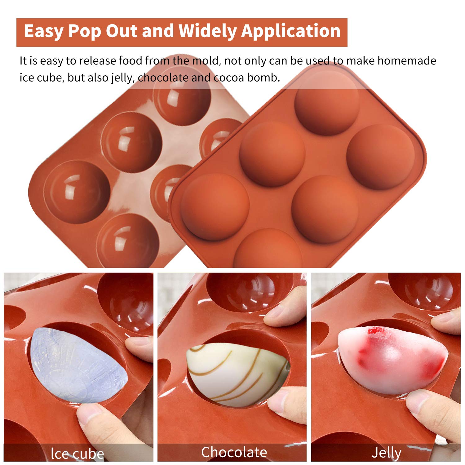 Bunpena Silicone Molds, Chocolate Molds with 6 Semi Sphere Jelly Holes, 4 Pack Hot Cocoa Bomb Mold for Making Hot Chocolate Bombs, Dome Mousse, Cocoa Ball, Coco Bomb (Comes with 2 Droppers), Brown