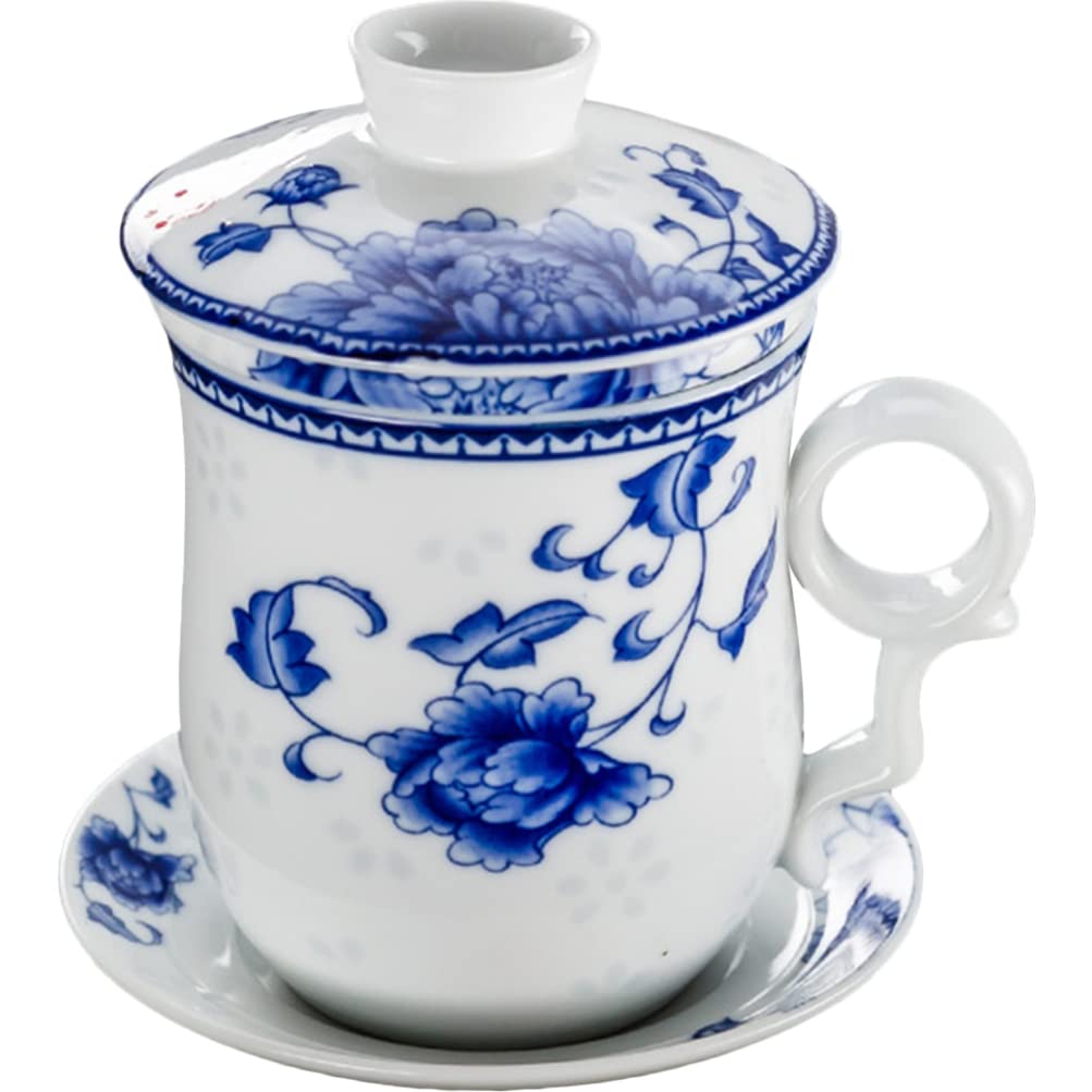 CALLARON Vintage Decor Chinese Porcelain Tea Mug with Infuser Lid and Saucer Sets Chinese Jingdezhen Ceramics Coffee Mug Loose Leaf Tea Brewing System for Home Office Kitchen Tea Cup