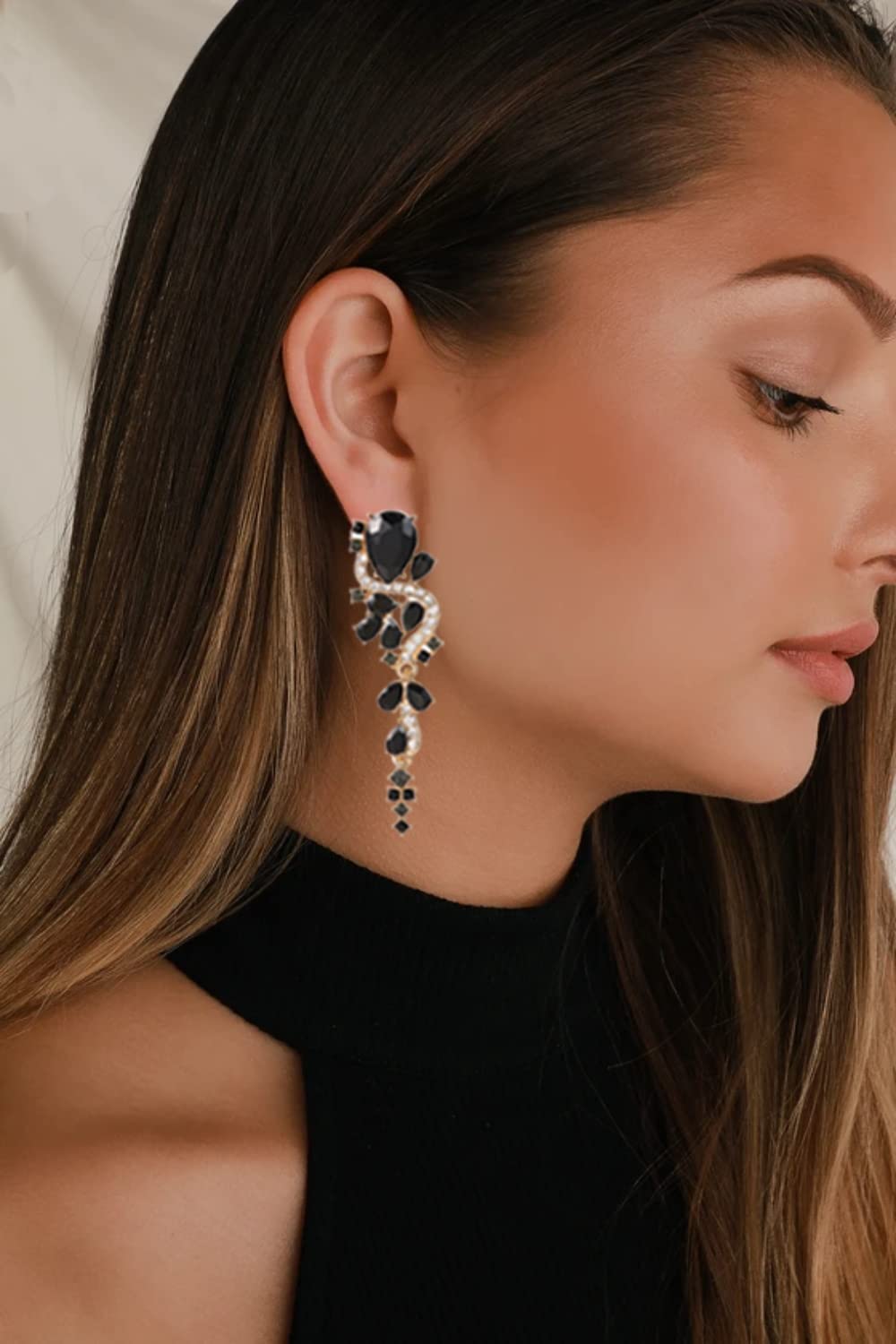 Black Rhinestone Statement Drop Dangle Earrings Dangling Sparkly Crystal Bridal Bridesmaid Wedding Earrings Long Chandelier Teardrop Earrings for Women Prom Party