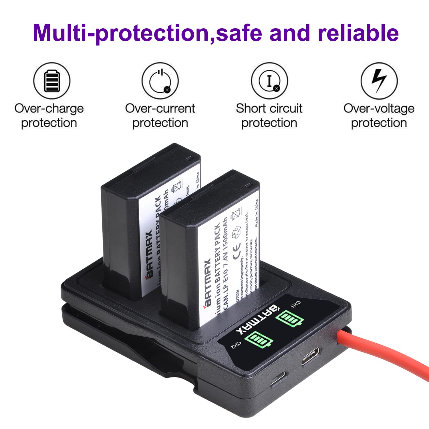 Batmax 2 Packs LP-E10 LP E10 Battery + LED Dual Built-in USB Charger with Type C Port for Canon EOS Rebel T3 T5 T6 T7, T100, EOS 4000D 2000D 1500D 1300D 1200D 1100D, Kiss X50 X70 X80 X90 Cameras