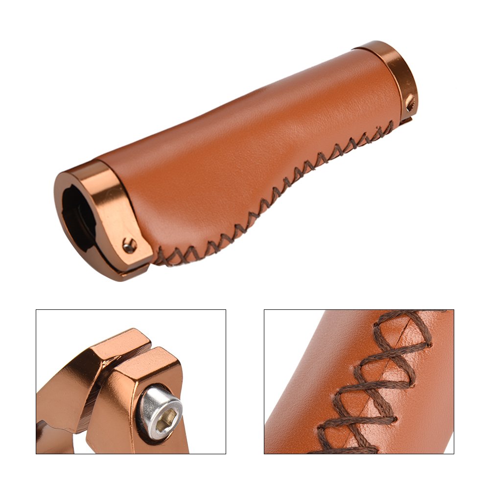 Bicycle Handle Grips, PU Leather Bicycle Grips Leather Handlebar Cover Grips for 7/8 Inch Handle Bars of Beach Cruiser Bikes, 1Pair(Brown)