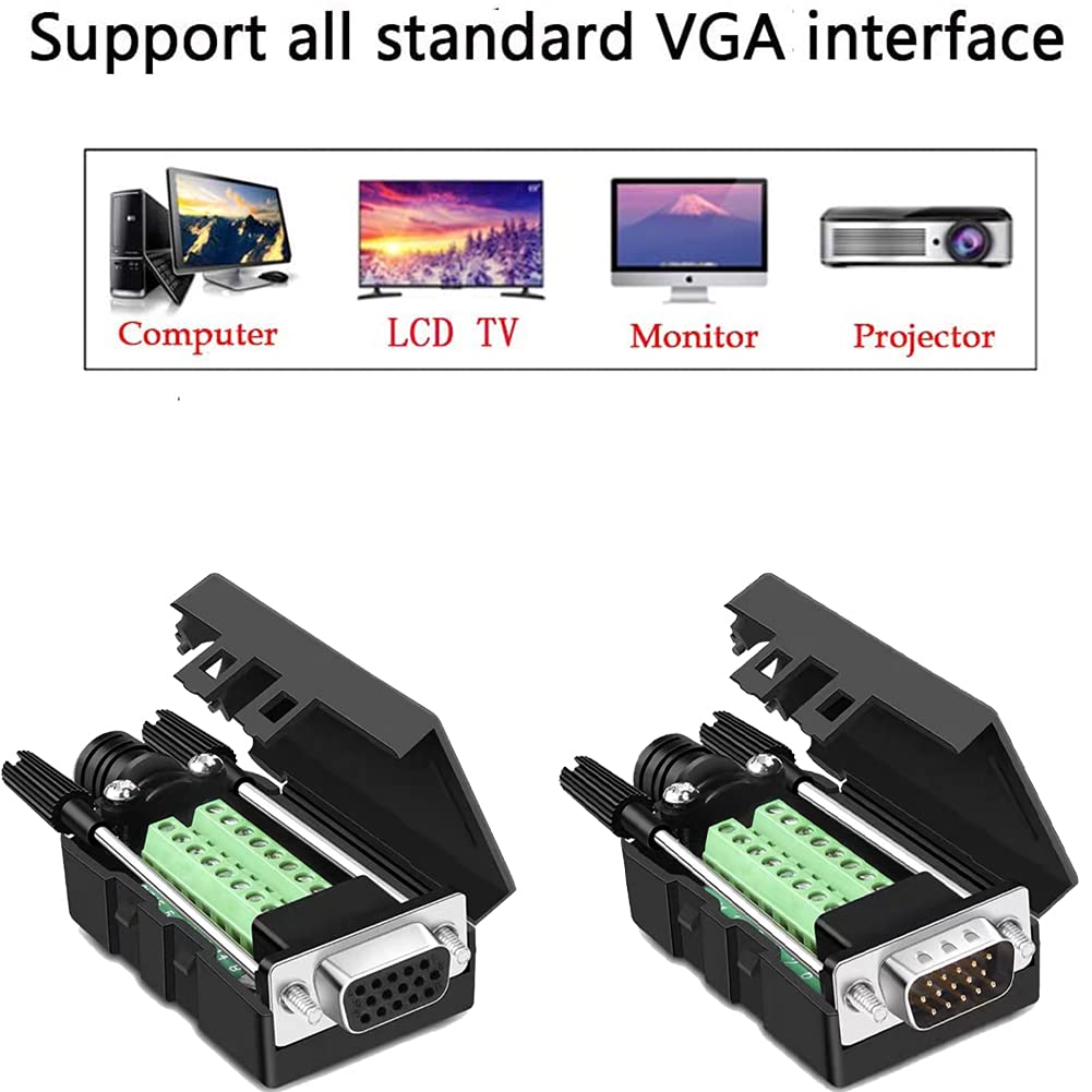 Jienk 4Packs VGA DB15 3 Row Solderless Male/Female Quick Connector, 3+9 D-SUB 15 Pin Port Terminal Solderfree Breakout Connector Board with Case Accessories Long Bolts