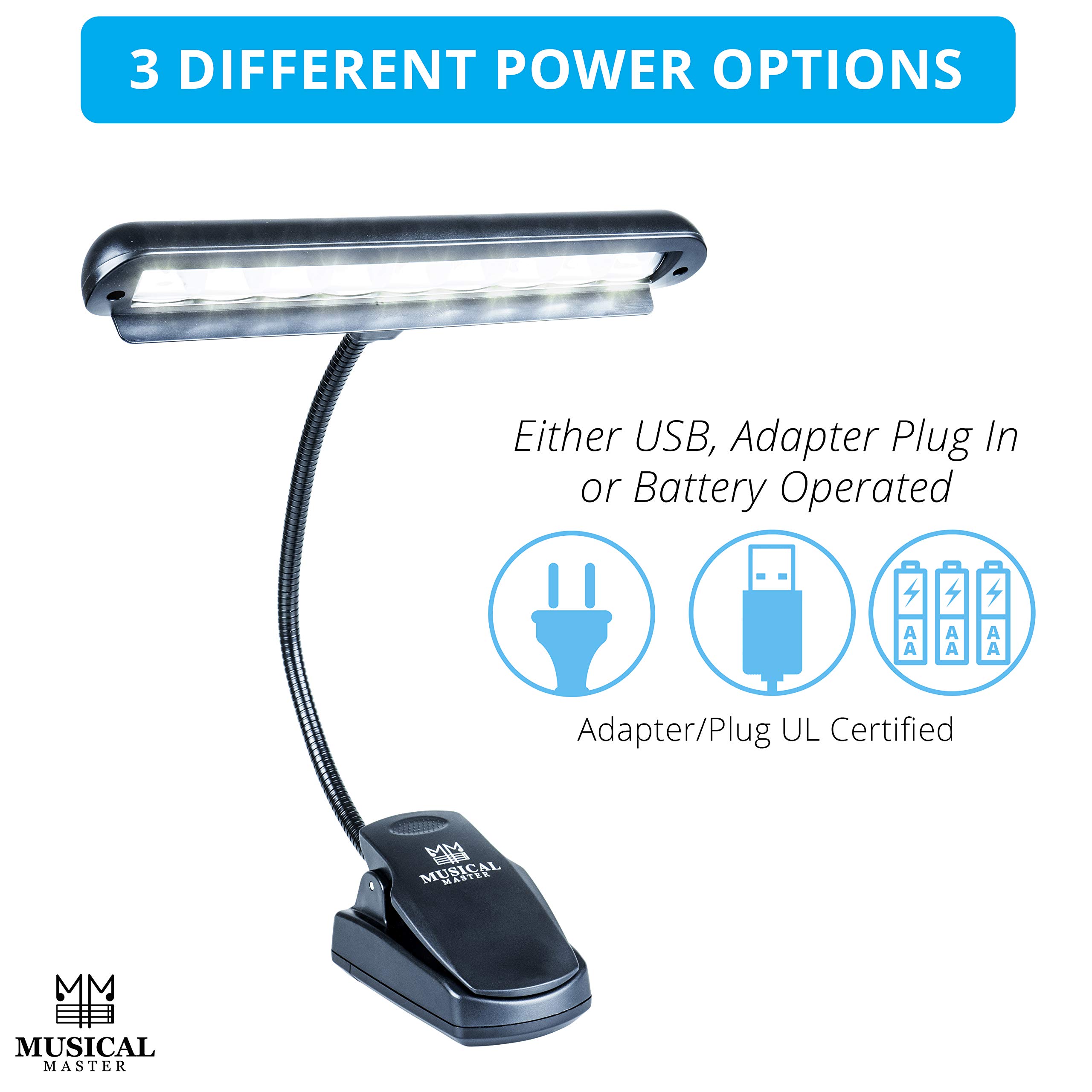 Music Stand Light - Book Light for Reading in Bed β Clip on Portable LED Light - Reading Light - Clamp Light for Violin, Piano, DJ, Desk & More β USB, AA battery operated (Batteries Not Included)