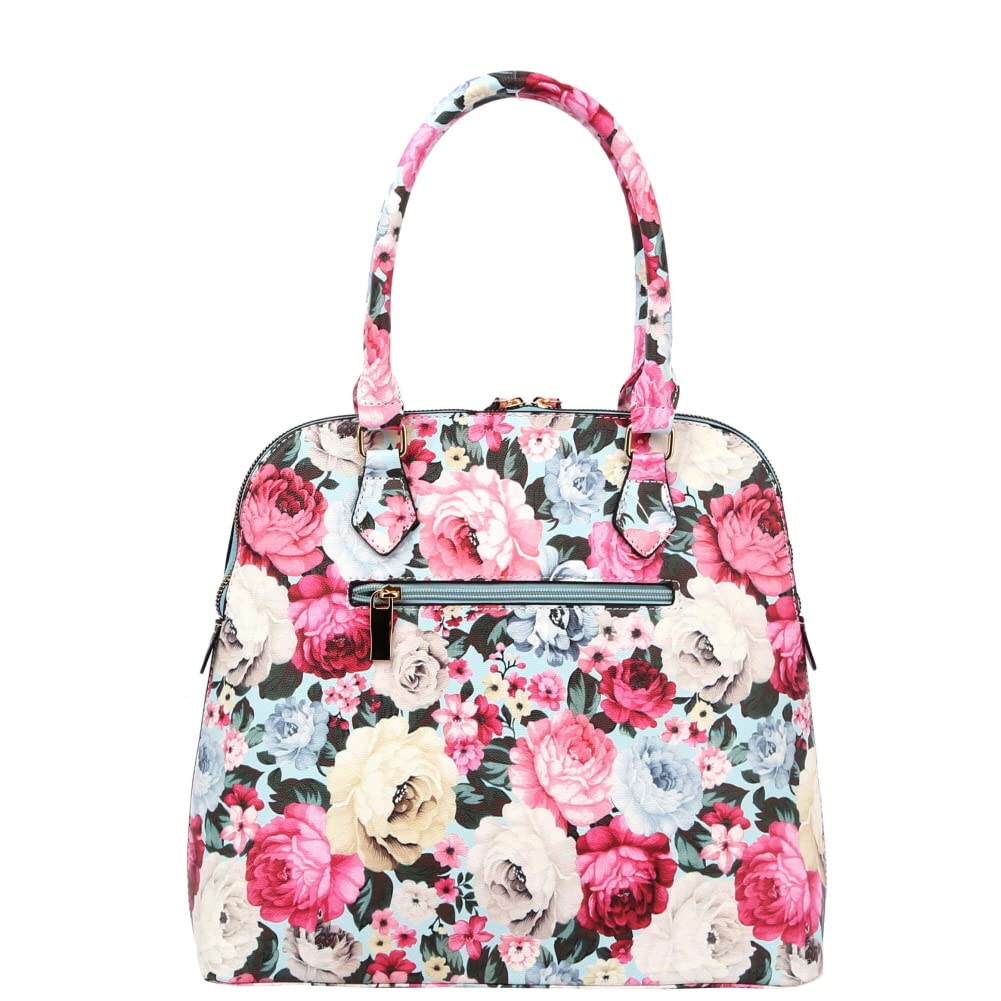 Boho Flower Print Vegan Leather Large Tall Dome Satchel Handbag Wallet Set (Flower Print - Blush)