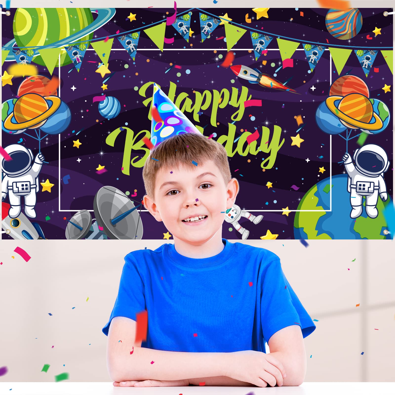 Space Birthday Decorations Banner Outer Space Happy Birthday Banner Backdrop, Astronaut Rocket Space Birthday Banner Space Themed Party Decorations Supplies for Boys Girls Kids 72.8x43.3 Inch