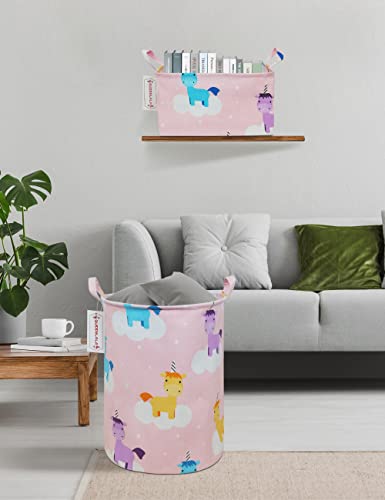 QUEENLALA Large Storage Basket,Laundry Hamper/Bathroom/Home Decor/Collapsible Round Storage Bin,Boys and Girls Hamper/Boxes/Clothing(Round-Rec-Pink Unicorn)