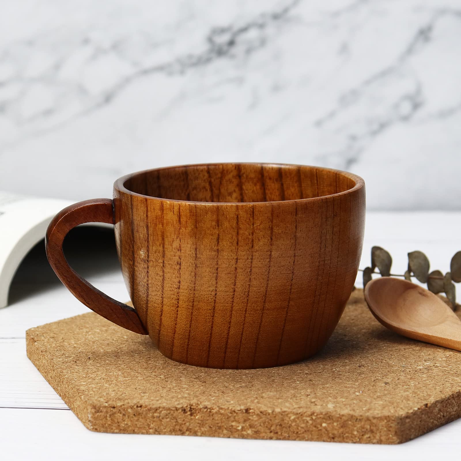 Buqoo Wooden Tea Cups, Coffee Mug Tea Cup Wood Drinking Cup Wine Mug Vintage Teacup Wooden Mug with Handle for Tea Milk Beer Water Juice (200 ML)