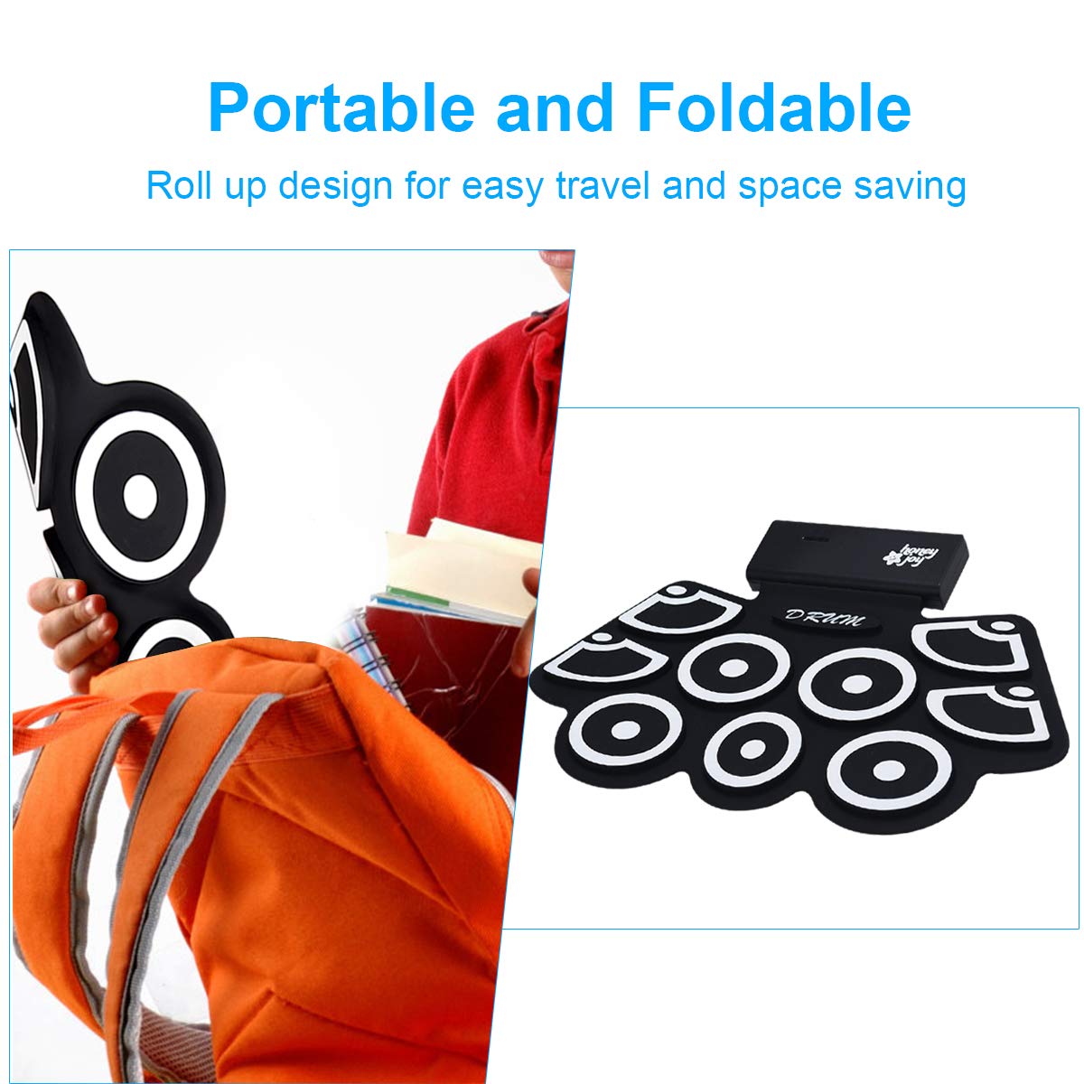 BABY JOY Electronic Roll Up Drum Kit w/ 9 Electric Drum Pads, 3.7V Lithium Battery, Bluetooth, Record, Play, Volume & Rate Control, MP3 Headphone Input, Foot Pedal, Drumsticks, 20 Hours Duration
