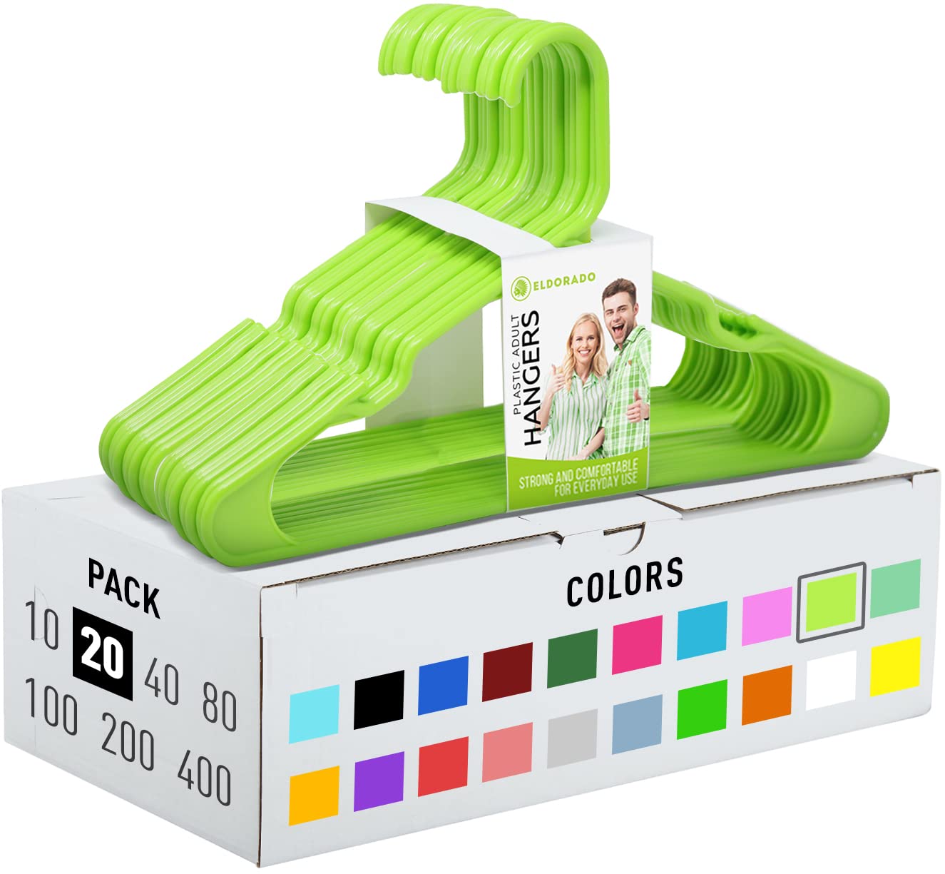 Eldorado Hangers for Adult Size Clothing, Plastic, Ideal for Everyday Standard Use Clothes, Shirts, Blouses, T-Shirts, Dresses, Jackets, Suits. Color - Lime, Pack - 20 PCS.