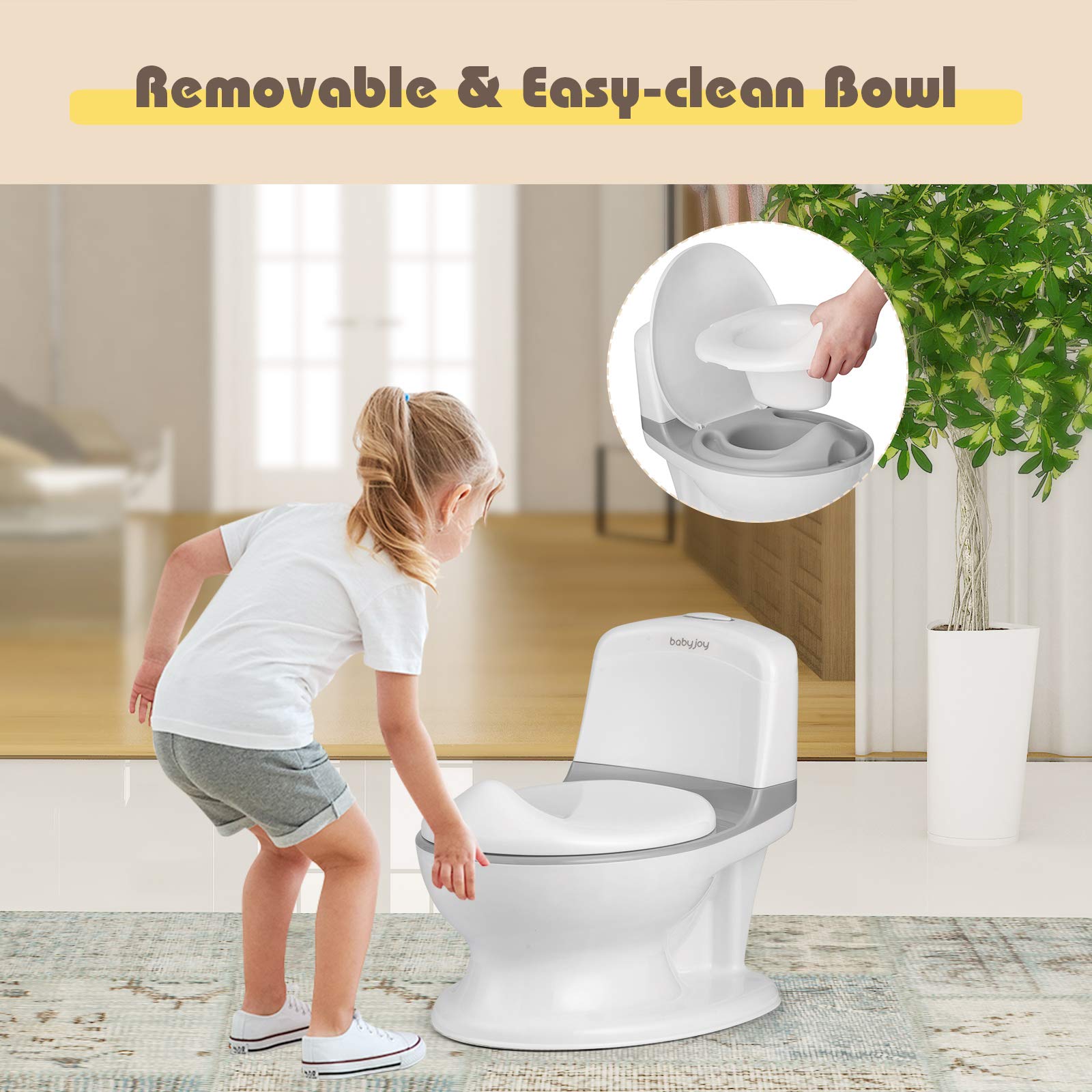 BABY JOY Realistic Potty Training Toilet, Potty Seat for Toddlers & Kids w/Flushing Sounds & Built-in Wipe Compartment, Splash Guard for Simple Cleaning, Ergonomic (Grey)