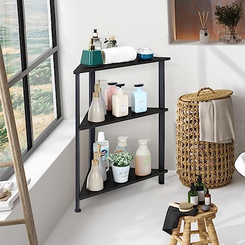 Fogein 3 Tier Corner Shelf, Triangle End/Side Table, Corner Nightstand, Corner Bookshelf with Metal Frame Corner Shelf Stand for Small Space Living Room(Black)
