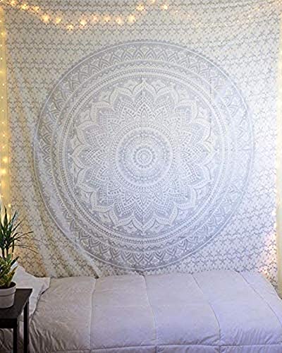 raajsee Glittering Silver Grey Tapestry Wall Hanging Mandala-Bohemian Room Decor-Indian Cotton Throw Hippie Tapestries -Queen Bedspread 82x92 inches