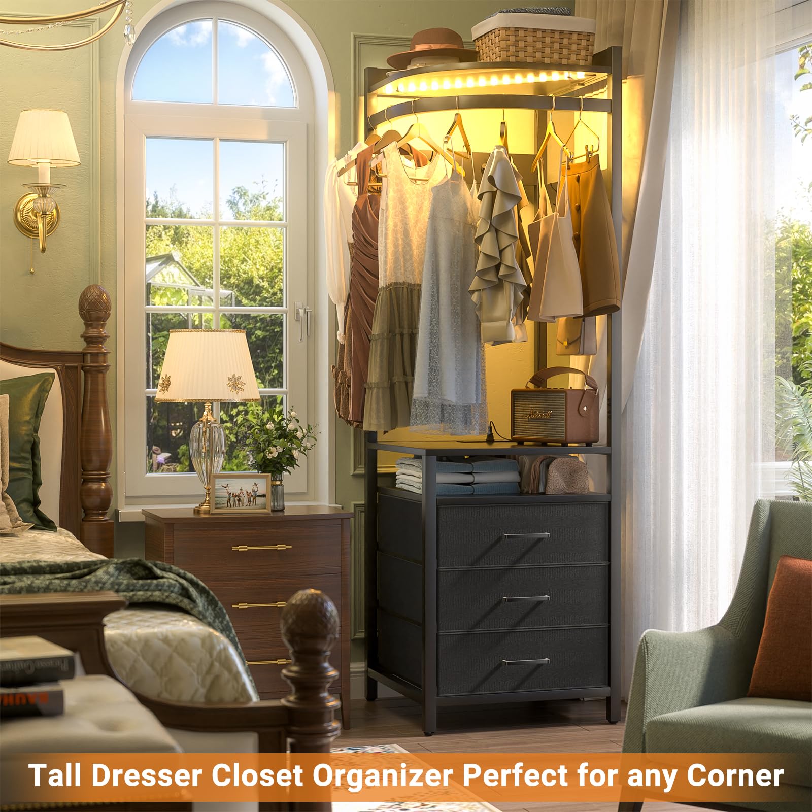 Cyclysio Tall Dresser for Bedroom with Clothes Rack,Black1
