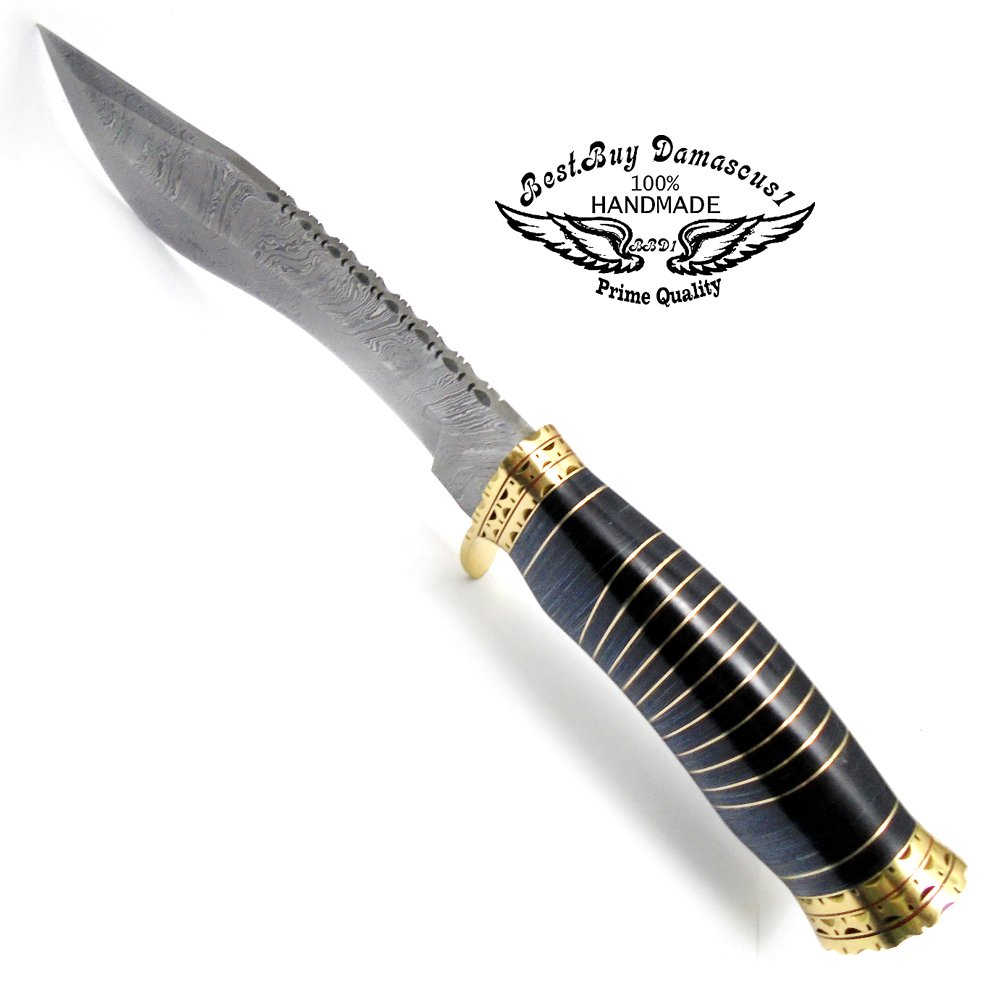 Best.Buy.Damascus1 Blue Wood 13" Fixed Blade Custom Handmade Damascus Steel Kukri Hunting Knife Double Brass Bolster Spacers Unique Beautiful File Work On Handel Come With Leather Sheath