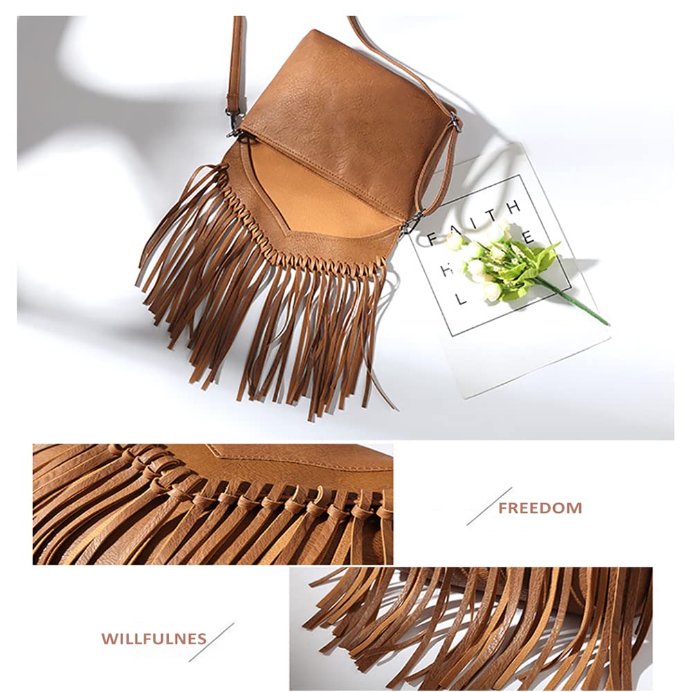 Boho Women's PU Leather Hobo Fringe Crossbody Tassel Purse Vintage Small Handbag (Black)
