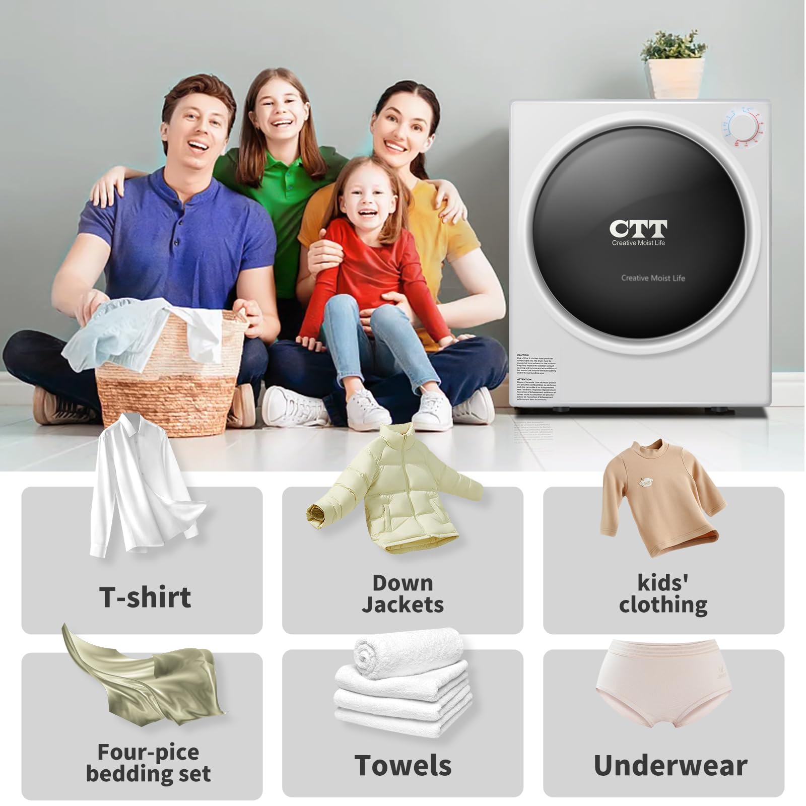 CTT Compact Dryer 2.0 cu.ft. Portable Clothes Dryers with Stainless Steel Liner Small Dryer Machine, Suitable for Apartments, Dorm, RVs, 110V