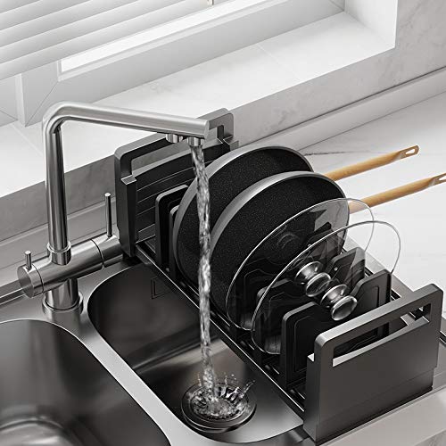 BHVXW Pot Lids Rack Pan&Cutting Board Lid Holder Kitchen Storage Rack Compartments with Drain Tray Kitchen Tools