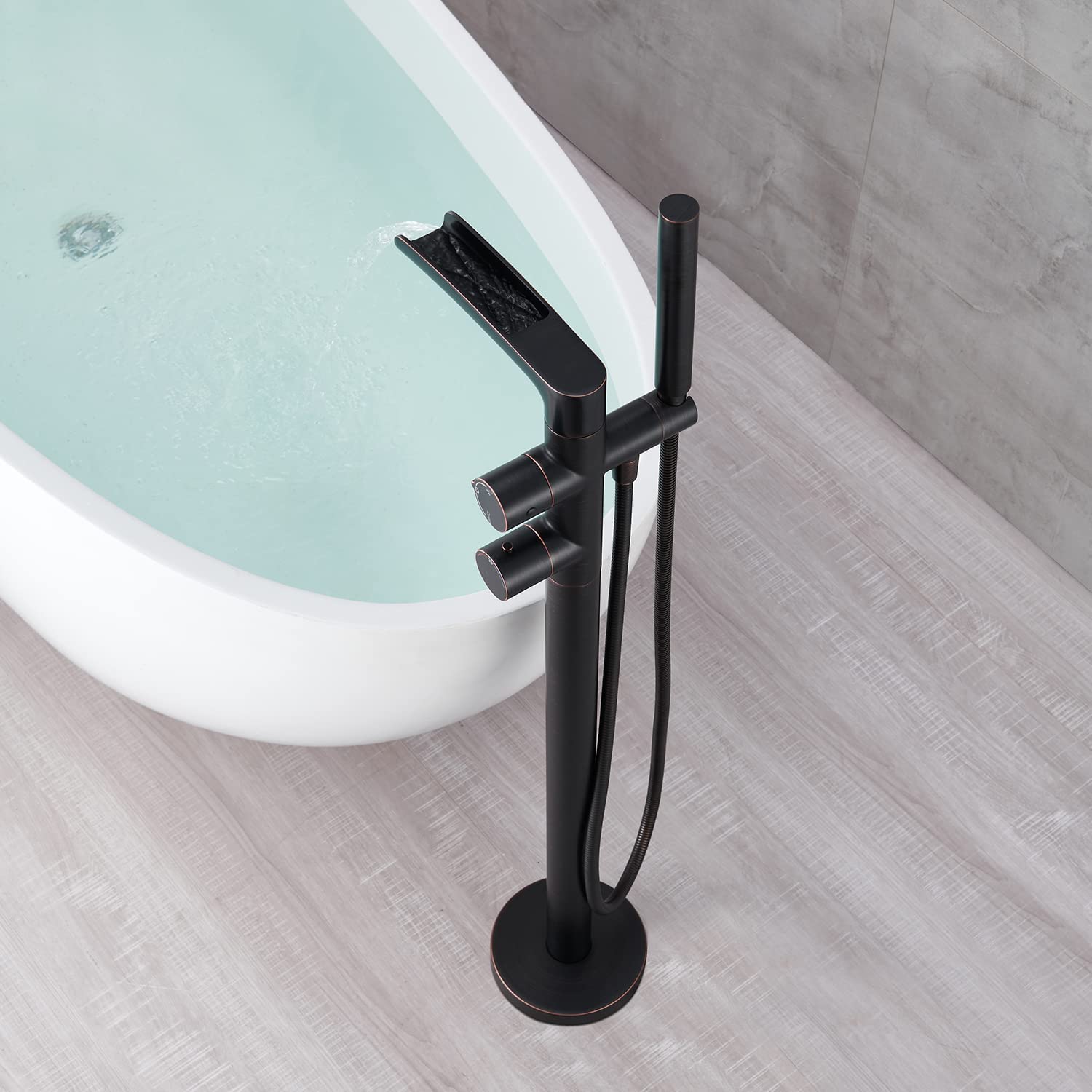 Qinkell Thermostatic Freestanding Tub Filler Floor Mount Waterfall Bathtub Faucet Oil-Rubbed Bronze Bathroom Taps with Handheld Shower