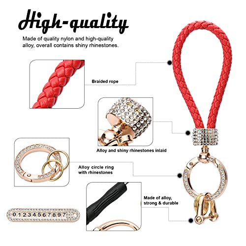 MUGVOLAX Anti-Lost car Keychains, Key fob Chains with Phone Number Plate, Leather Woven key chains, Accessories With Bling Rhinestones (White)