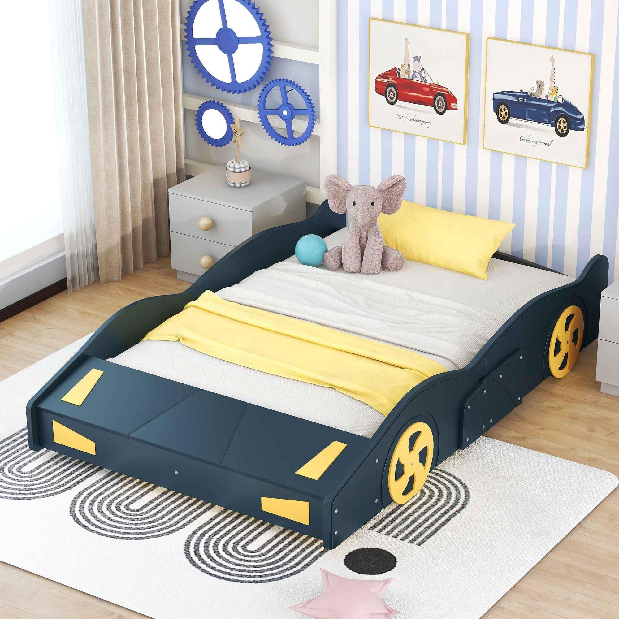 ATY Full Size Platform Bed with Storage, Race Car-Shaped Bedframe w/Wheels Design, Funny for Kids, Toddlers, 90.6" L x 55.3" W x 15.7" H, No Spring Needed, Dark blue