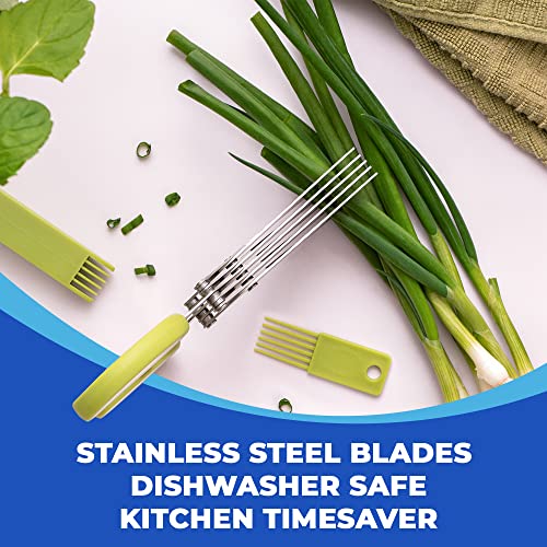 Jenaluca Herb Scissors with 5 Blades and Safety Cover - Cut, Chop & Mince Fresh Herbs & Leafy Greens - Stainless Steel Kitchen Shears with Cleaning Comb - Cool Kitchen Gadgets (Green)