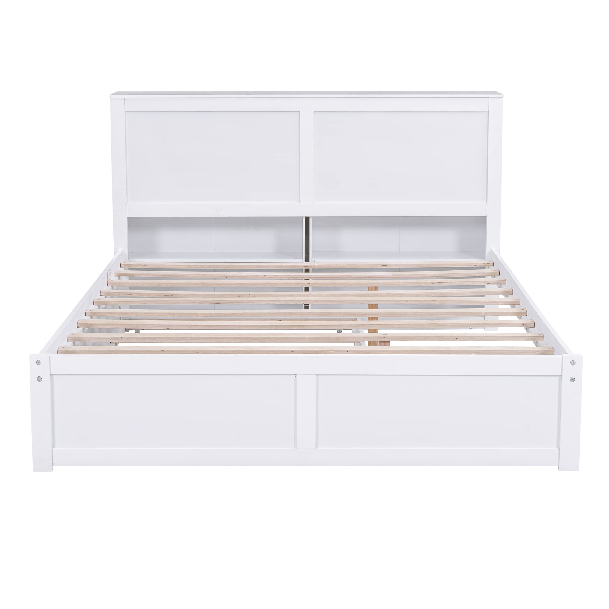 BIADNBZ Queen Size Storage Platform Bed with Pull Out Shelves and Twin XL Trundle, Wooden Bedframe with Headboard, for Bedroom Guest Room Dorm, White