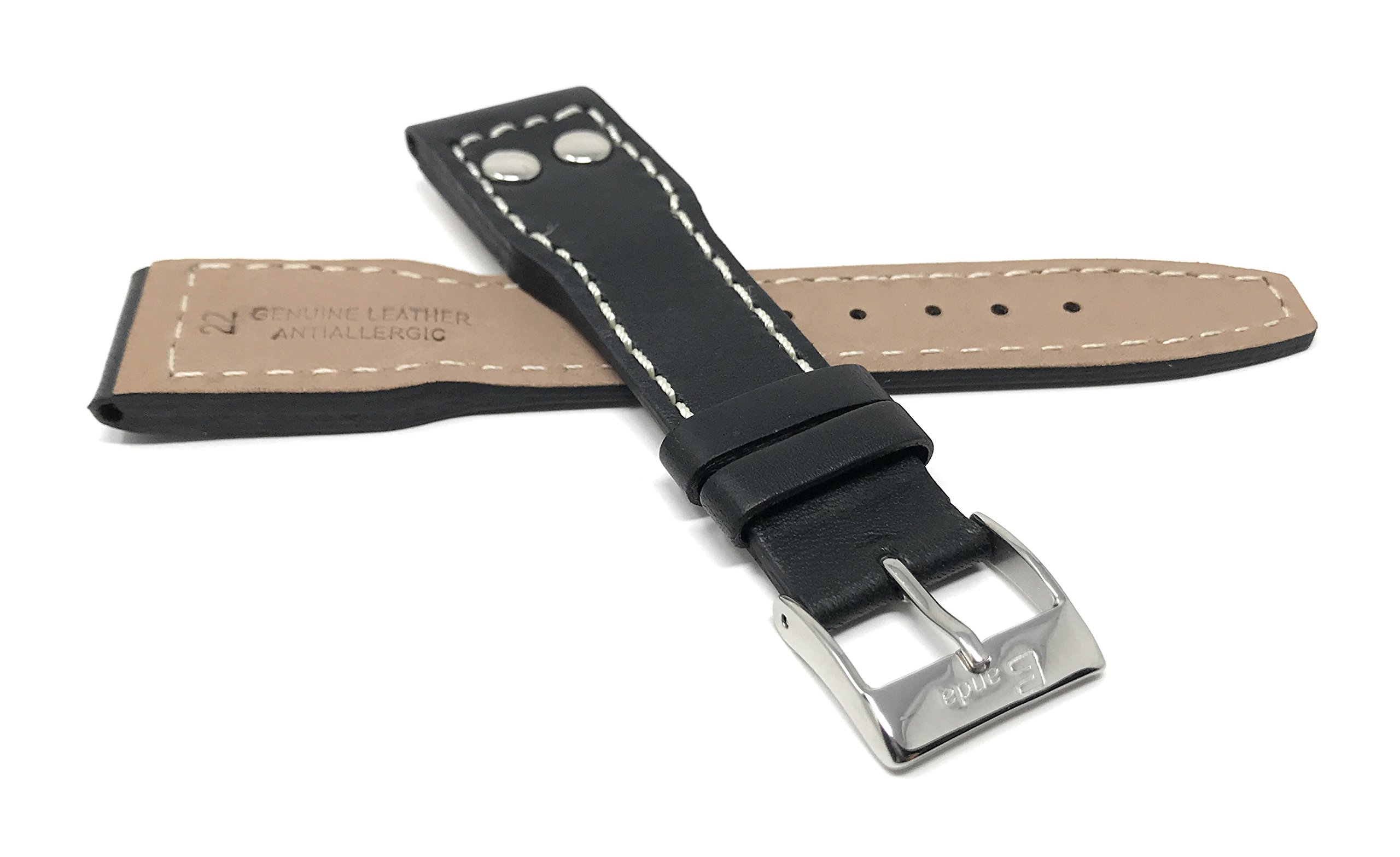 Bandini 18mm Mens Italian Leather Watch Band Strap - Black - 2 Rivets for IWC Pilot
