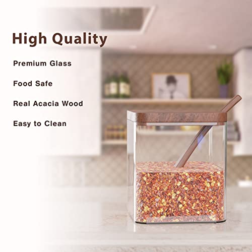 Essos Square Glass and Wood Condiment 3 pc Jars Set with spoon Tray Sugar Food Storage Containers with Wood Lids and Wooden Spoon for Coffee Spice Storage Container